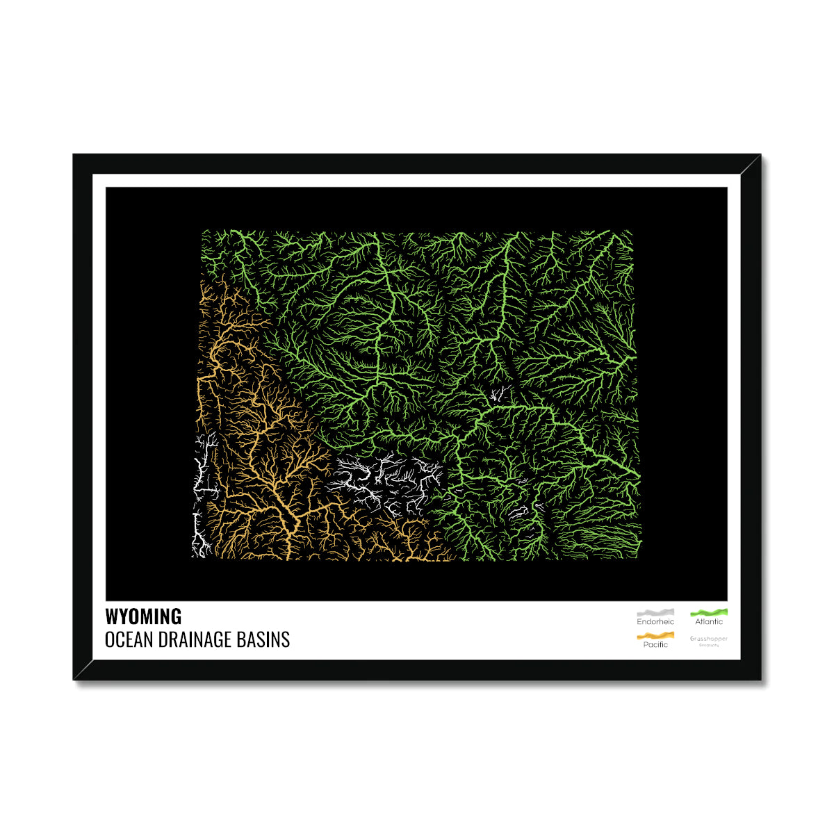 Wyoming - Ocean drainage basin map, black with legend v1 - Framed Prin ...