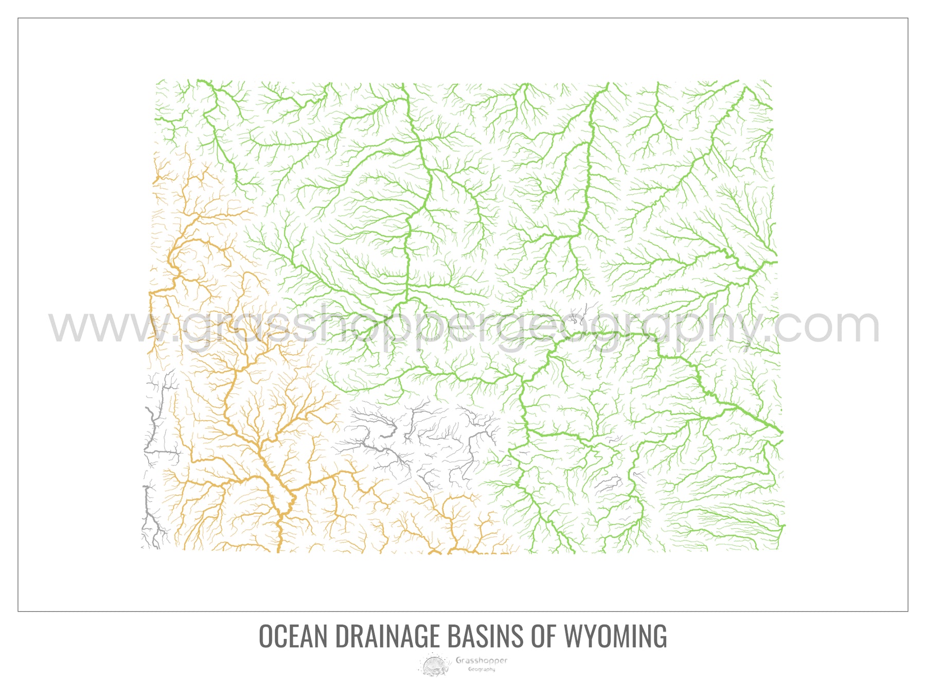 Wyoming - Ocean drainage basin map, white v1 - Fine Art Print ...