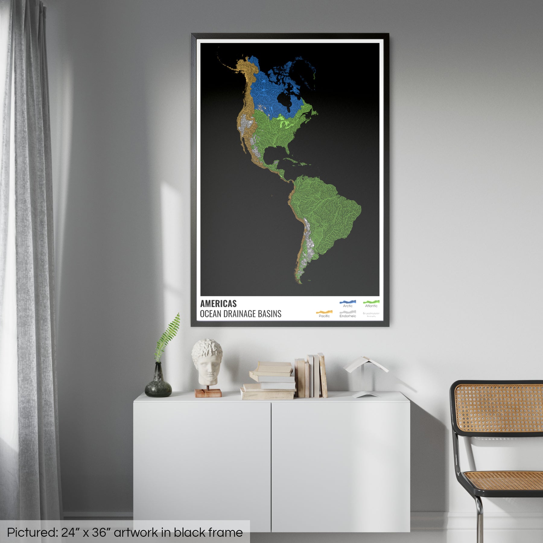 The Americas - Ocean drainage basin map, black with legend v1 - Framed ...