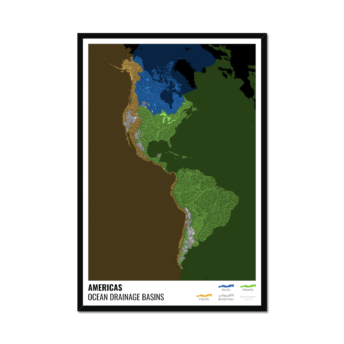 The Americas - Ocean drainage basin map, black with legend v2 - Framed ...