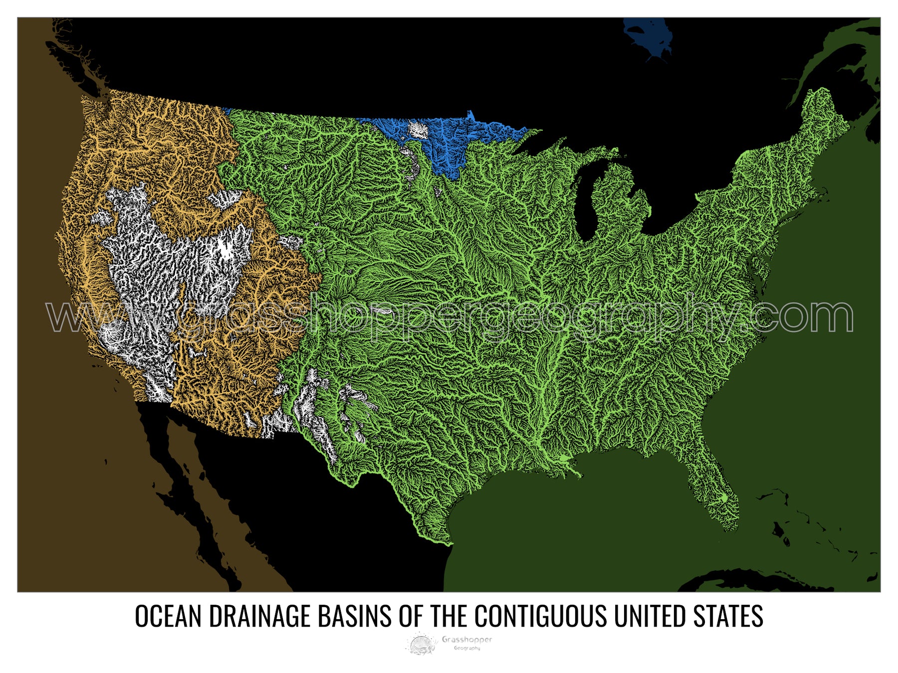 The United States - Ocean drainage basin map, black v2 - Photo Art Pri ...