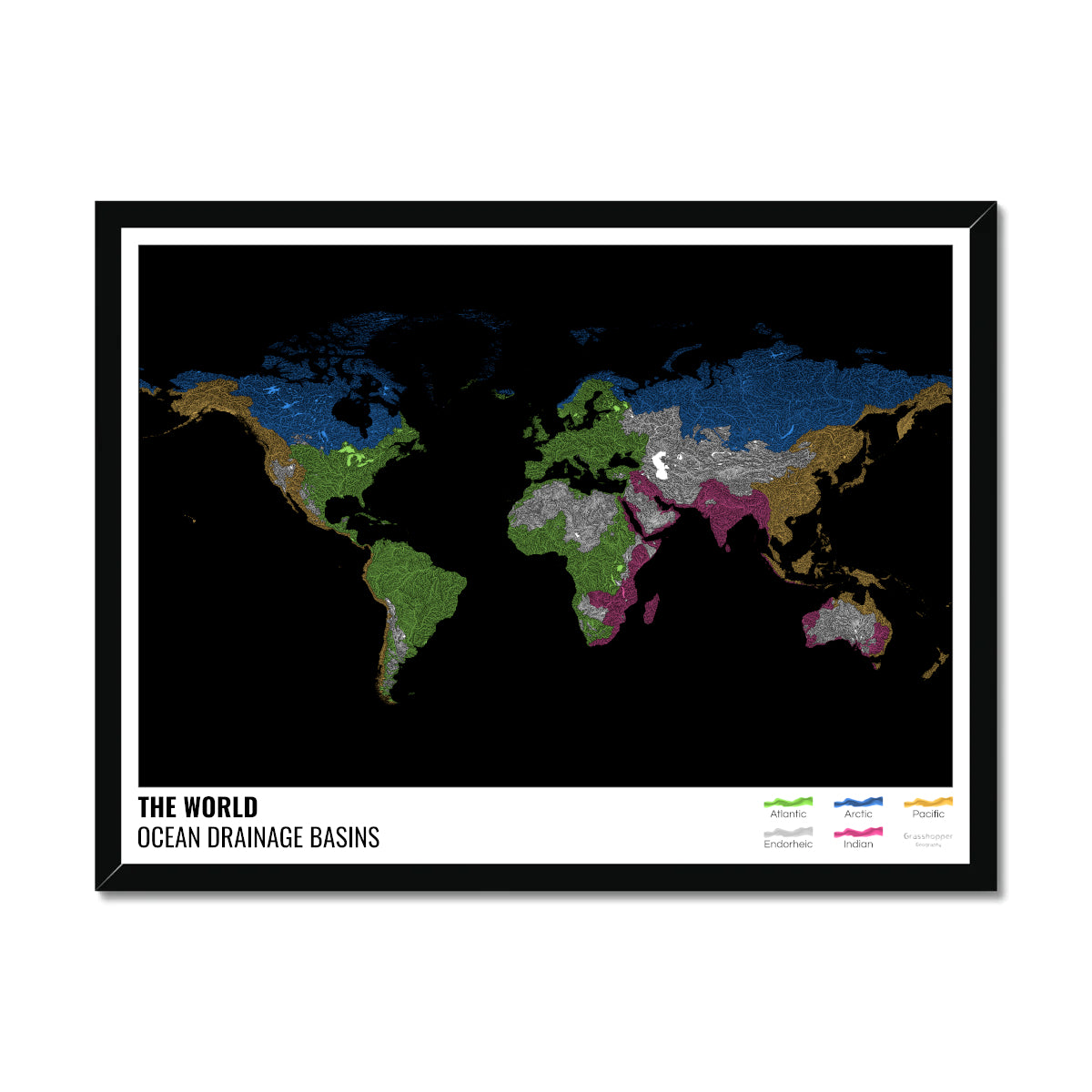 The world - Ocean drainage basin map, black with legend v1 - Framed Pr ...