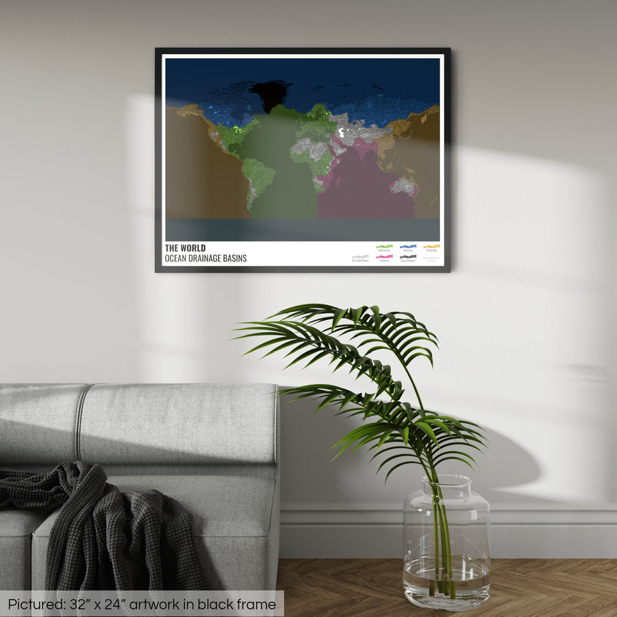 The world - Ocean drainage basin map, black with legend v2 - Framed Pr ...