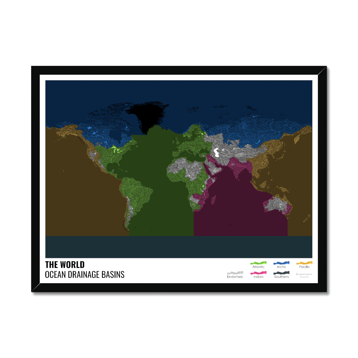 The world - Ocean drainage basin map, black with legend v2 - Framed Pr ...
