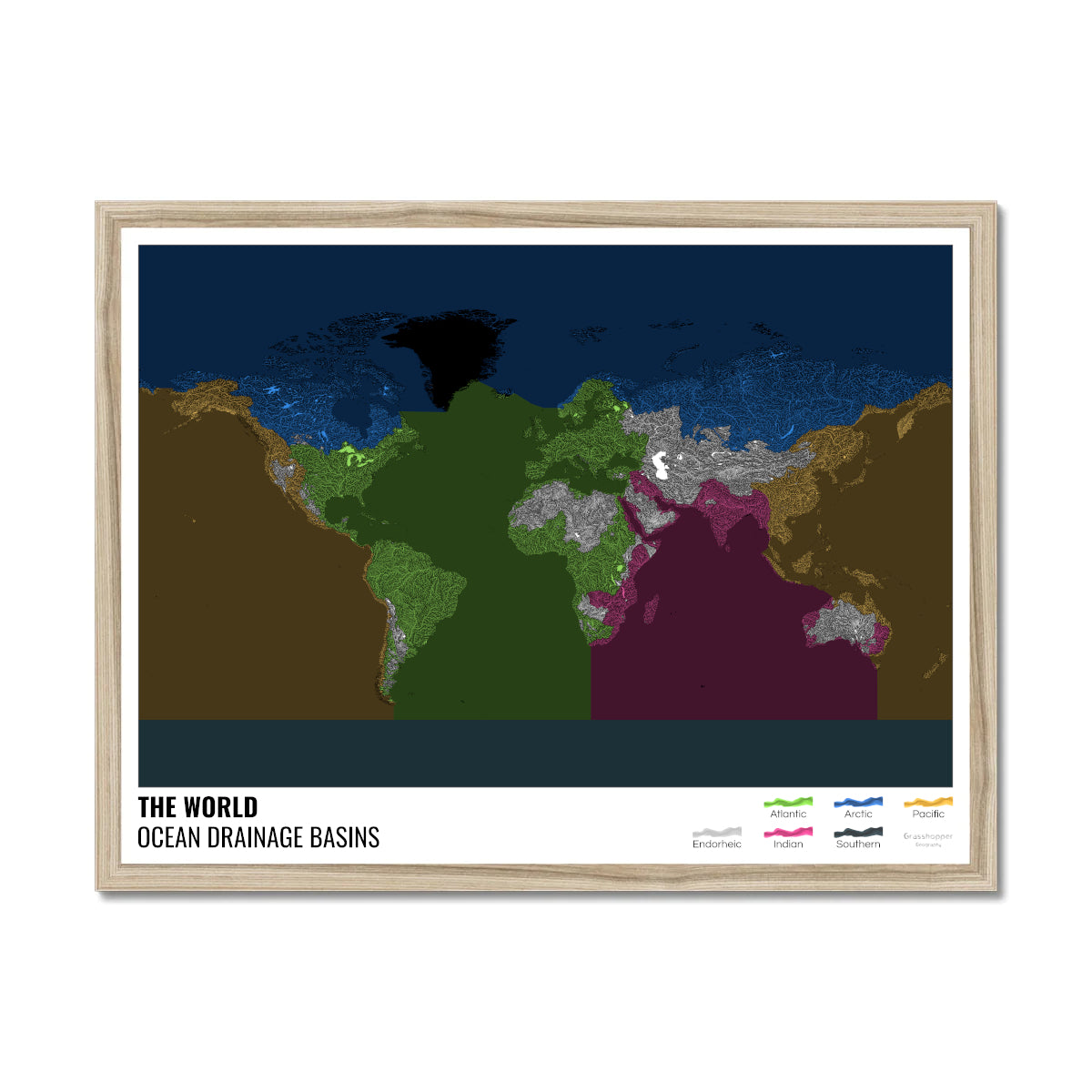 The world - Ocean drainage basin map, black with legend v2 - Framed Pr ...