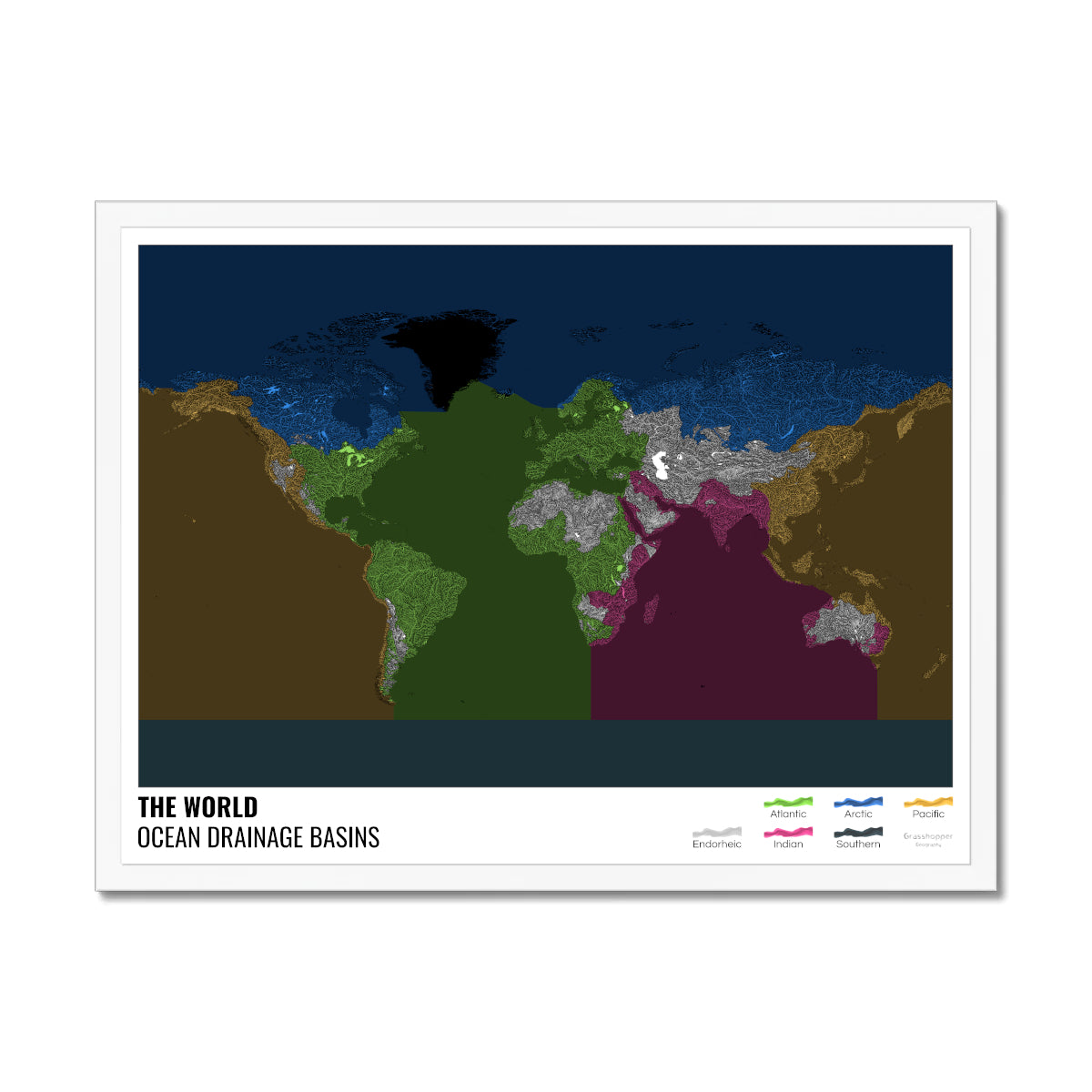 The world - Ocean drainage basin map, black with legend v2 - Framed Pr ...