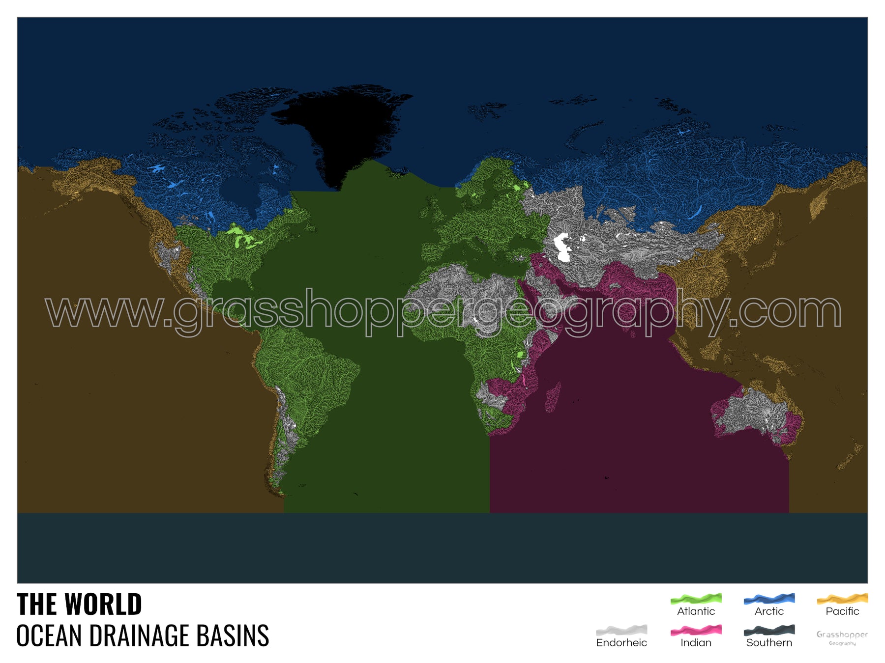 The World Ocean Drainage Basin Map Black With Legend V2 Fine Art