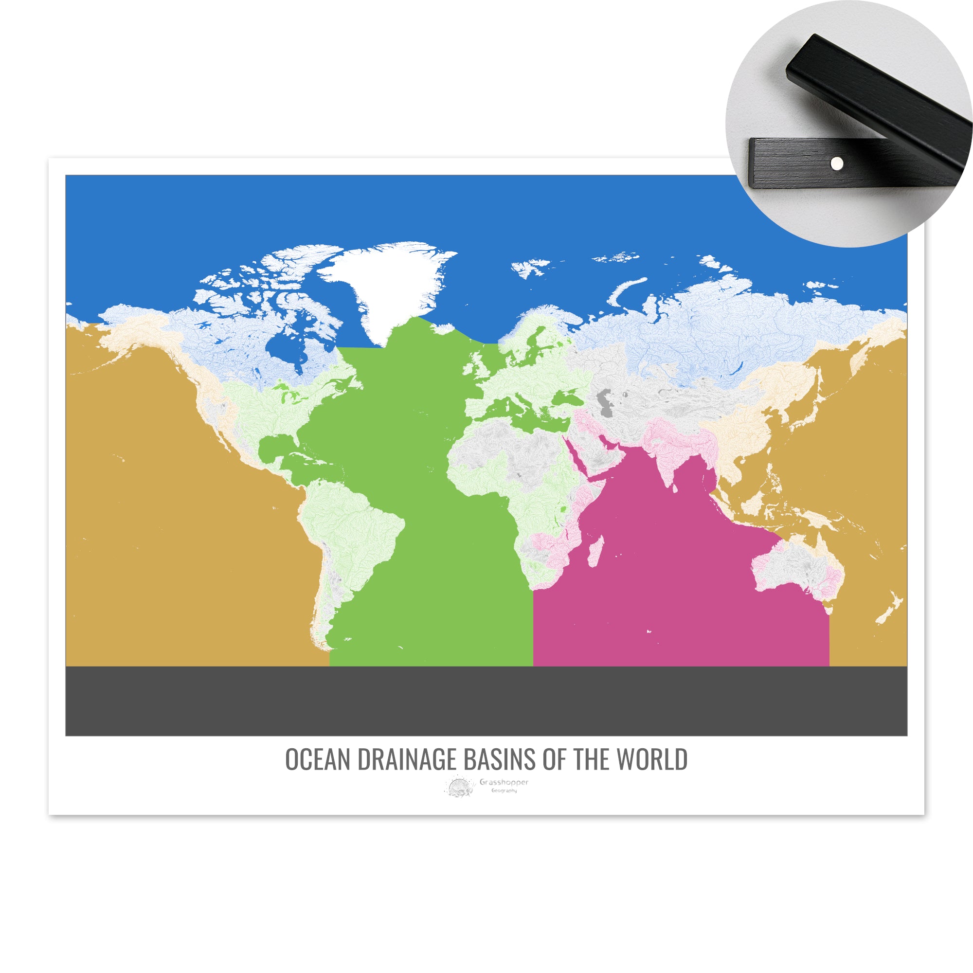 The world - Ocean drainage basin map, white v2 - Fine Art Print with H ...