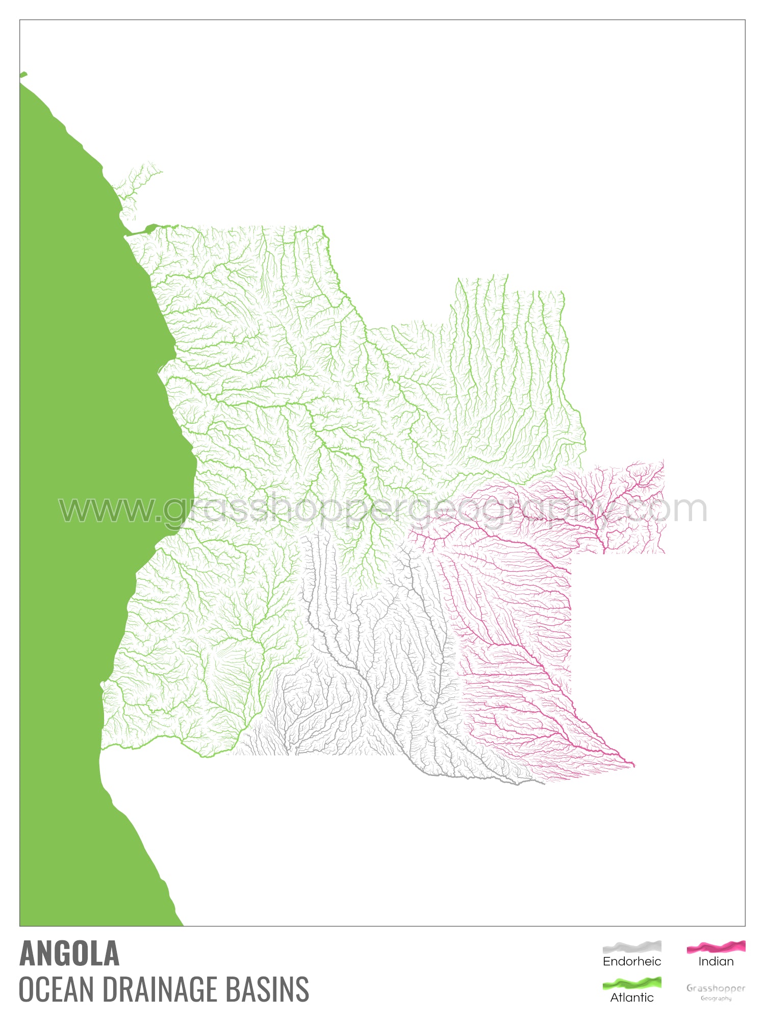 Angola - Ocean drainage basin map, white with legend v2 - Fine Art Pri ...