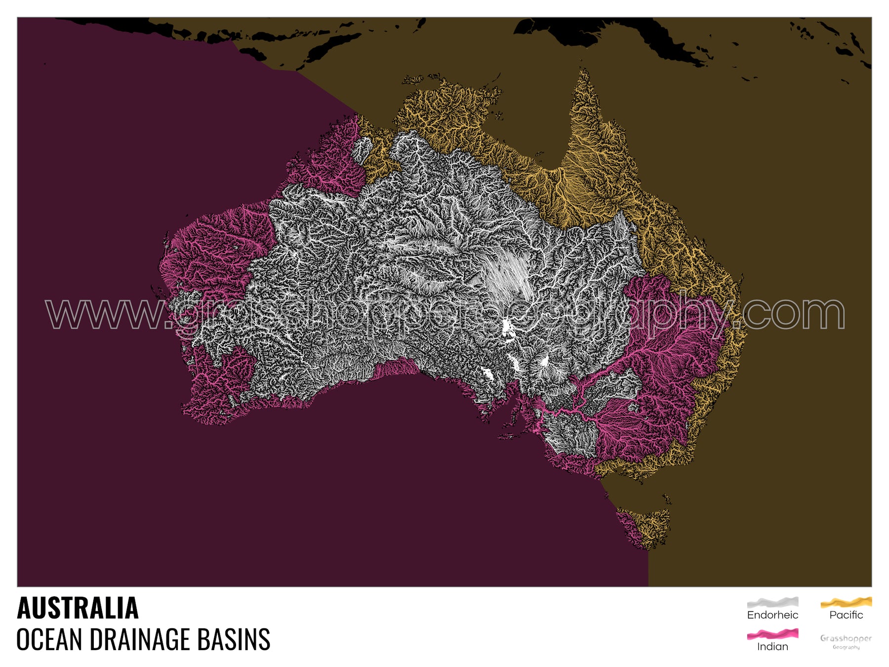 Australia Ocean Drainage Basin Map Black With Legend V2 Fine Art