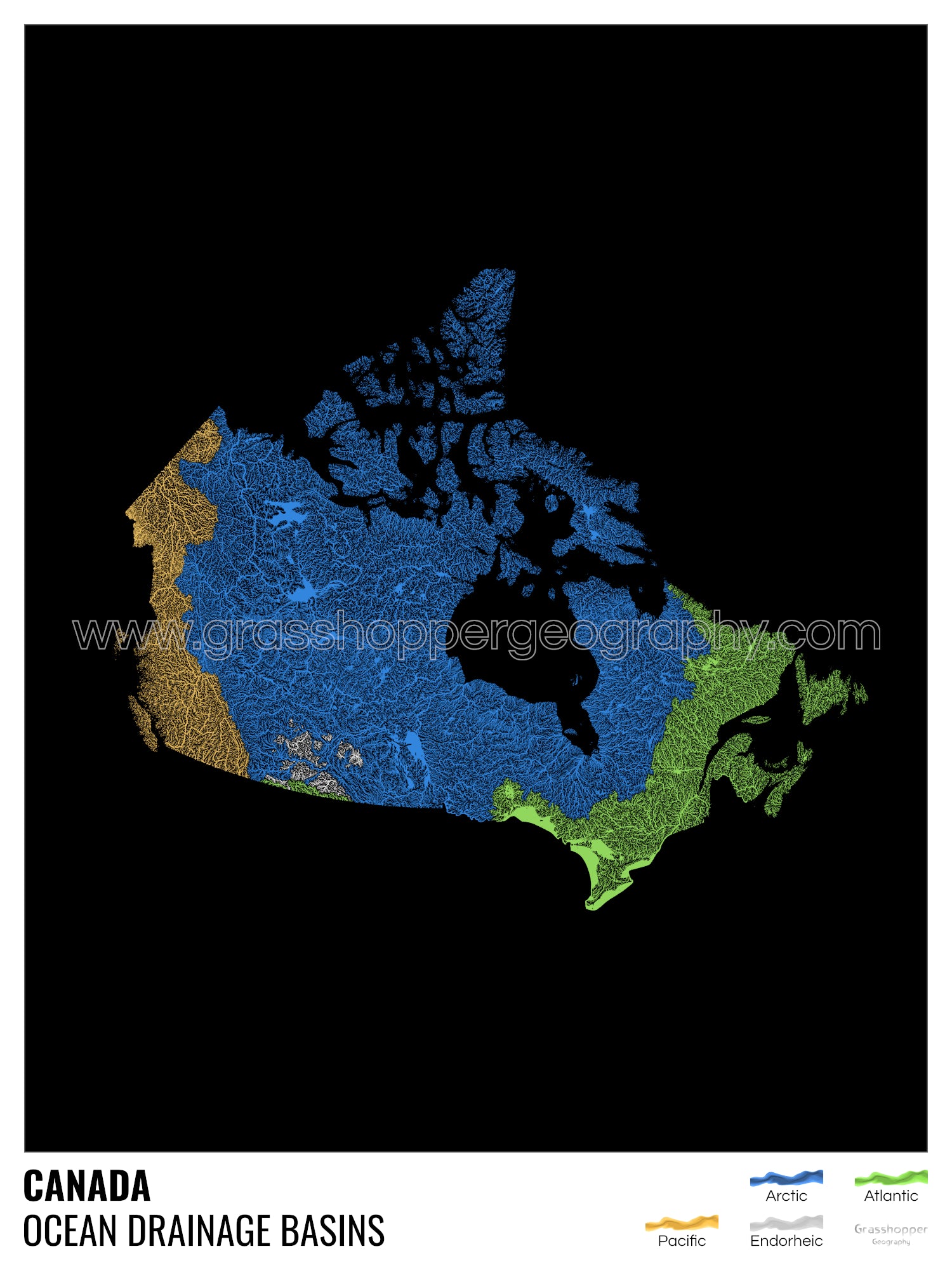 Canada - Ocean drainage basin map, black with legend v1 - Fine Art Pri ...