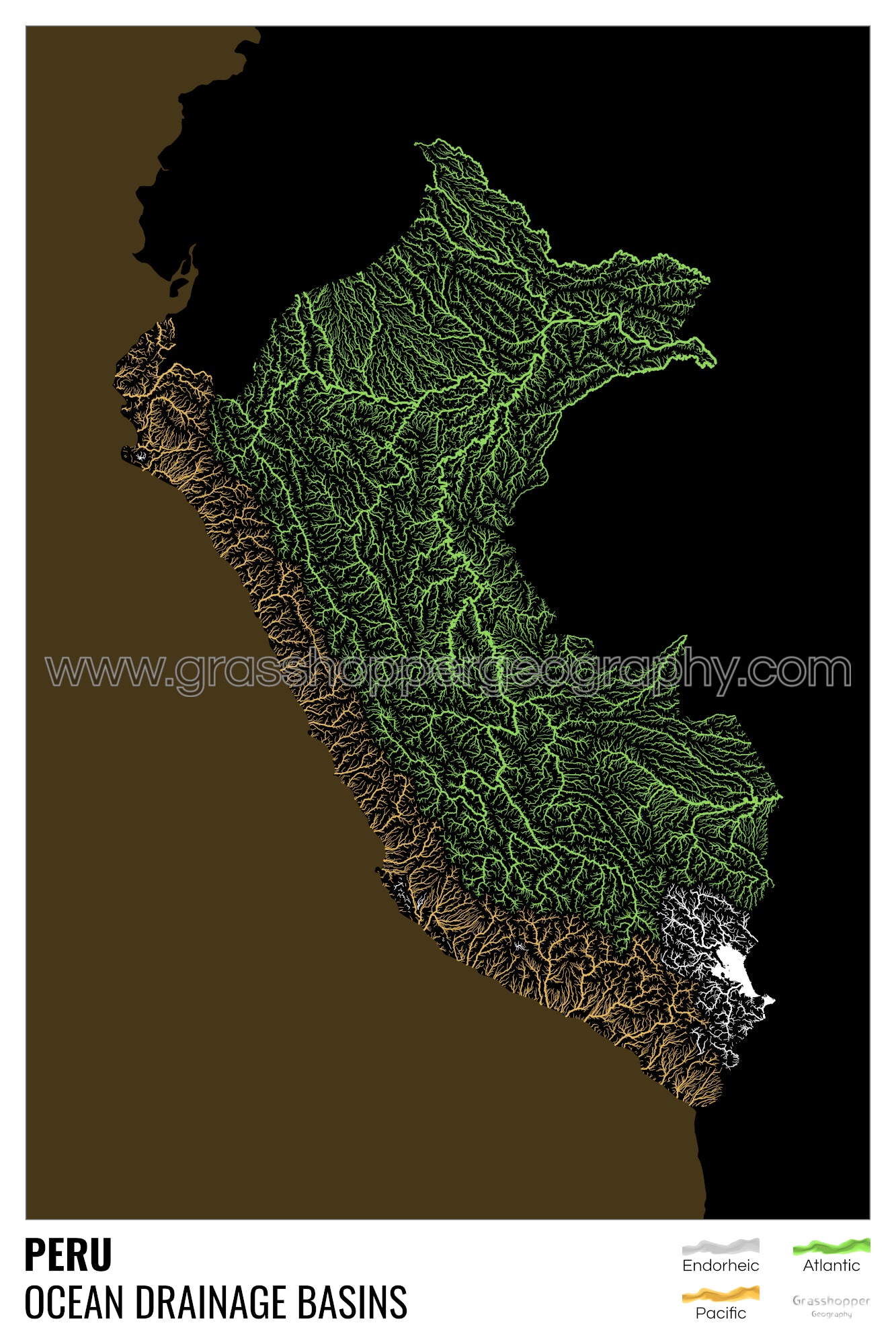 Peru - Ocean drainage basin map, black with legend v2 - Framed Print ...