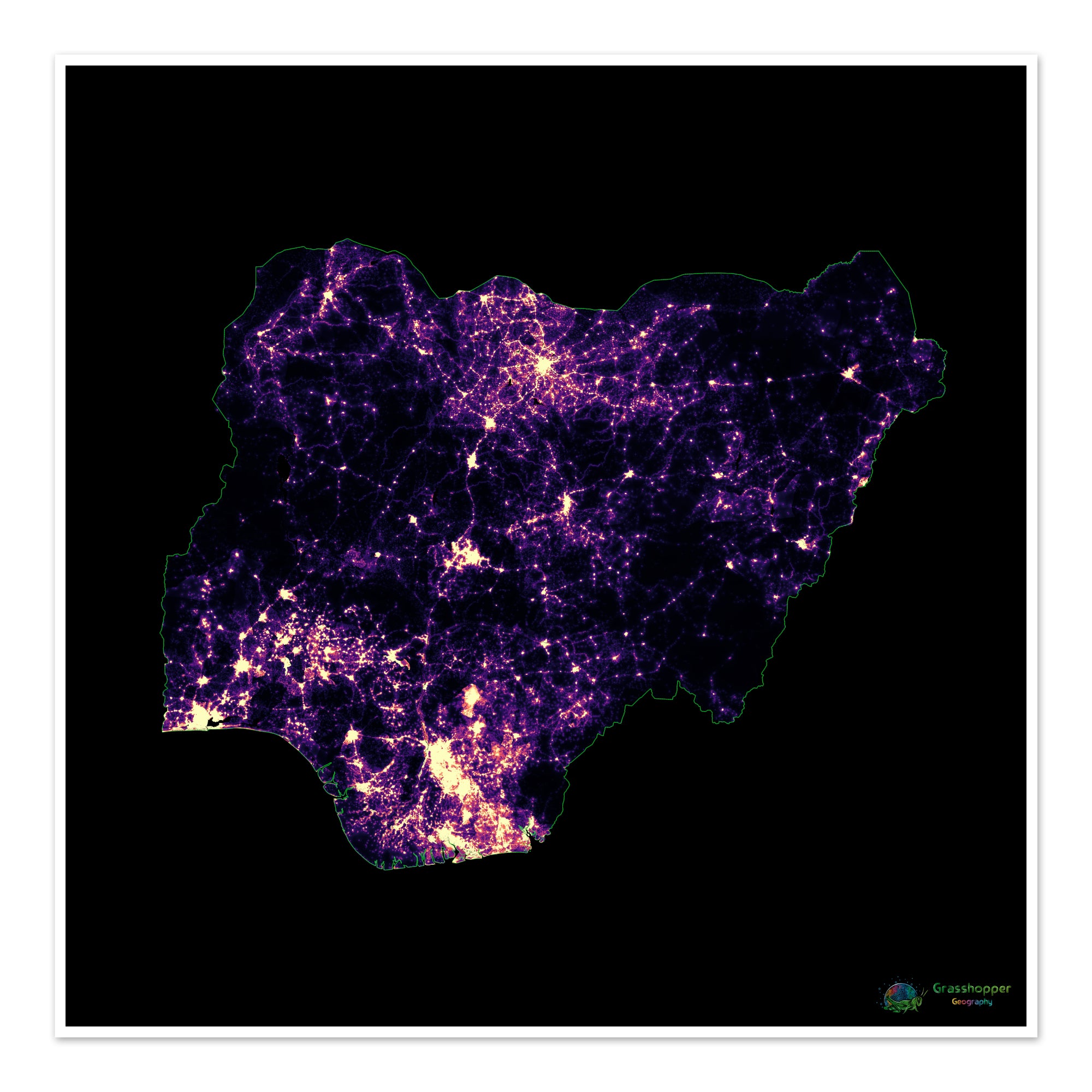Nigeria - Population density heatmap - Fine Art Print – Grasshopper Geography