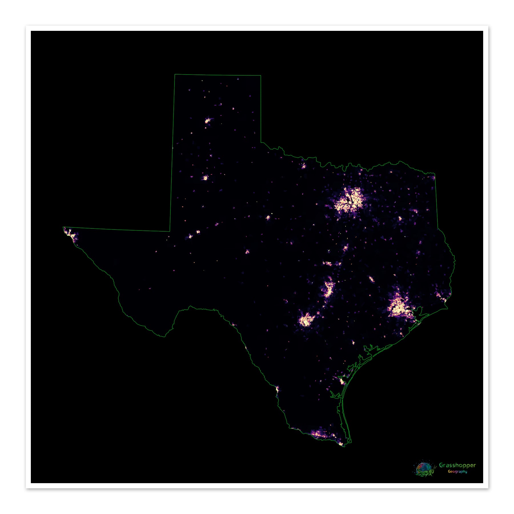 Texas - Population density heatmap - Fine Art Print – Grasshopper Geography