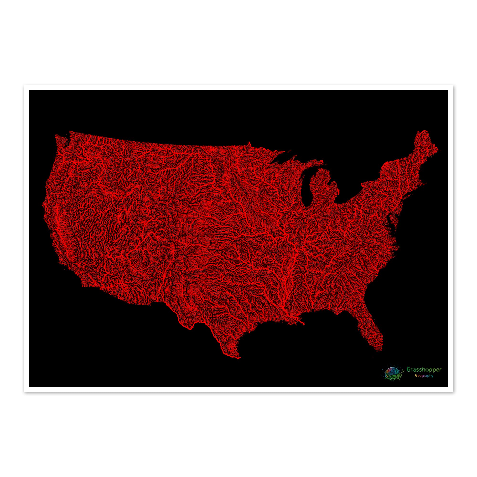 The United States - Red river map on black - Fine Art Print ...