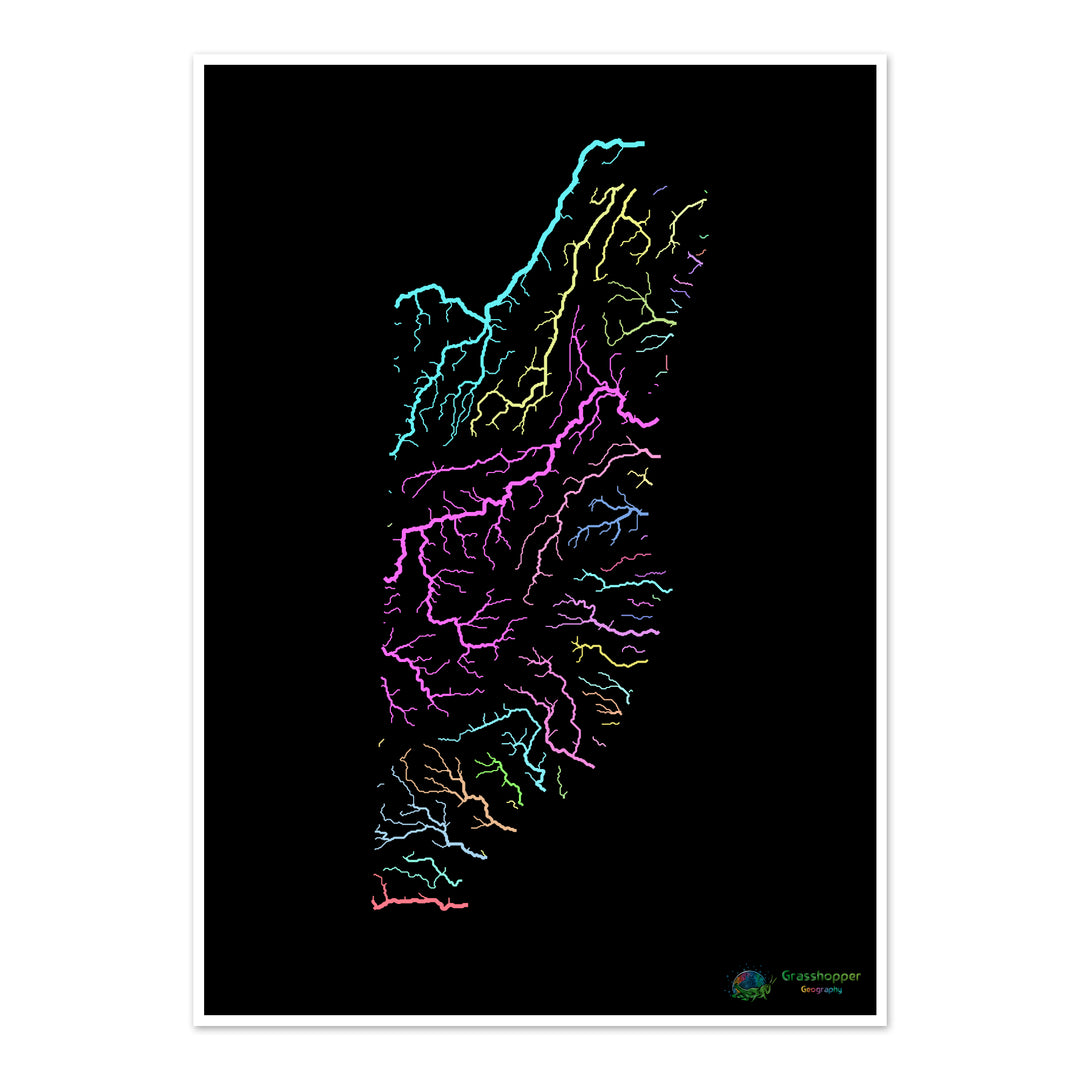 Belize River Basin Map Pastel On Black Fine Art Print