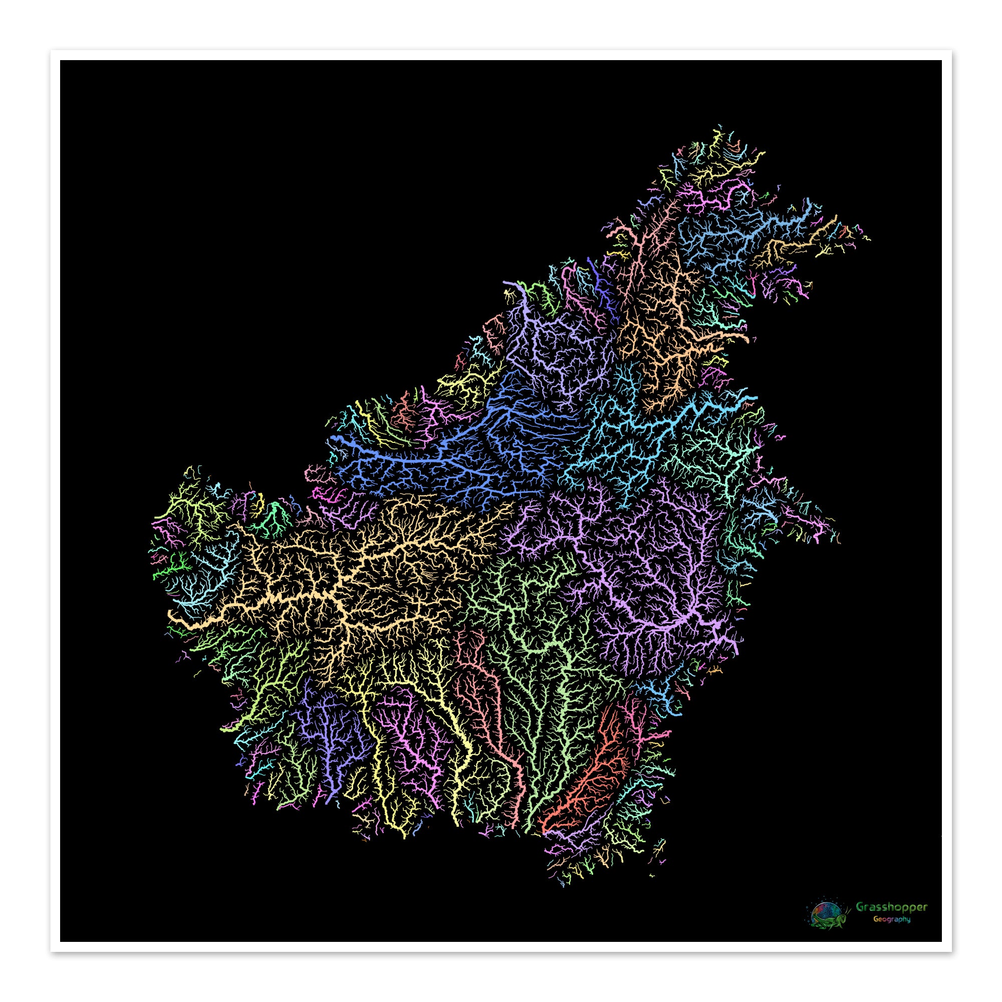 Borneo River Basin Map Pastel On Black Fine Art Print