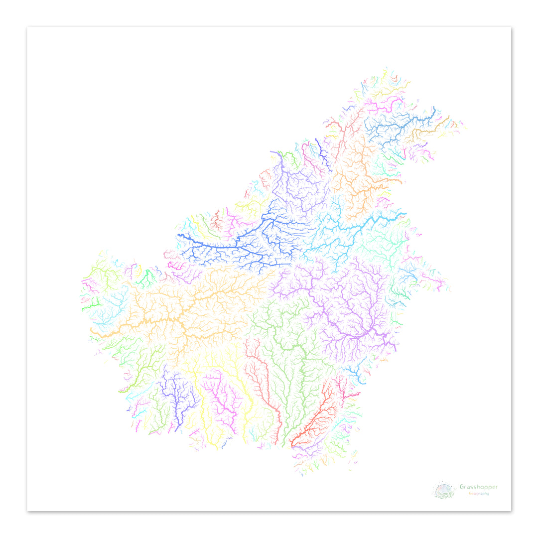 Borneo River Basin Map Pastel On White Fine Art Print
