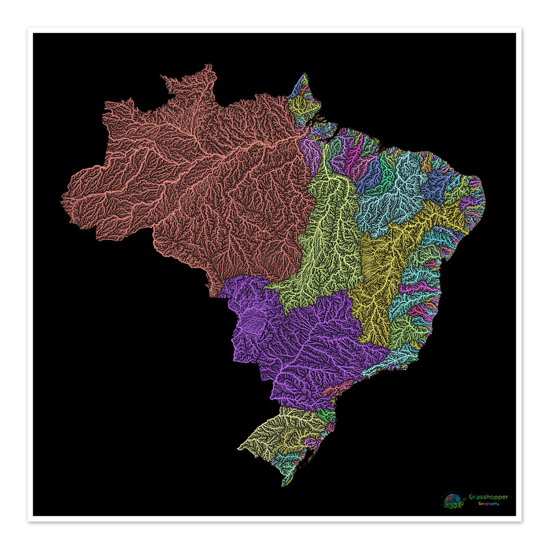 Brazil River Basin Map Pastel On Black Fine Art Print