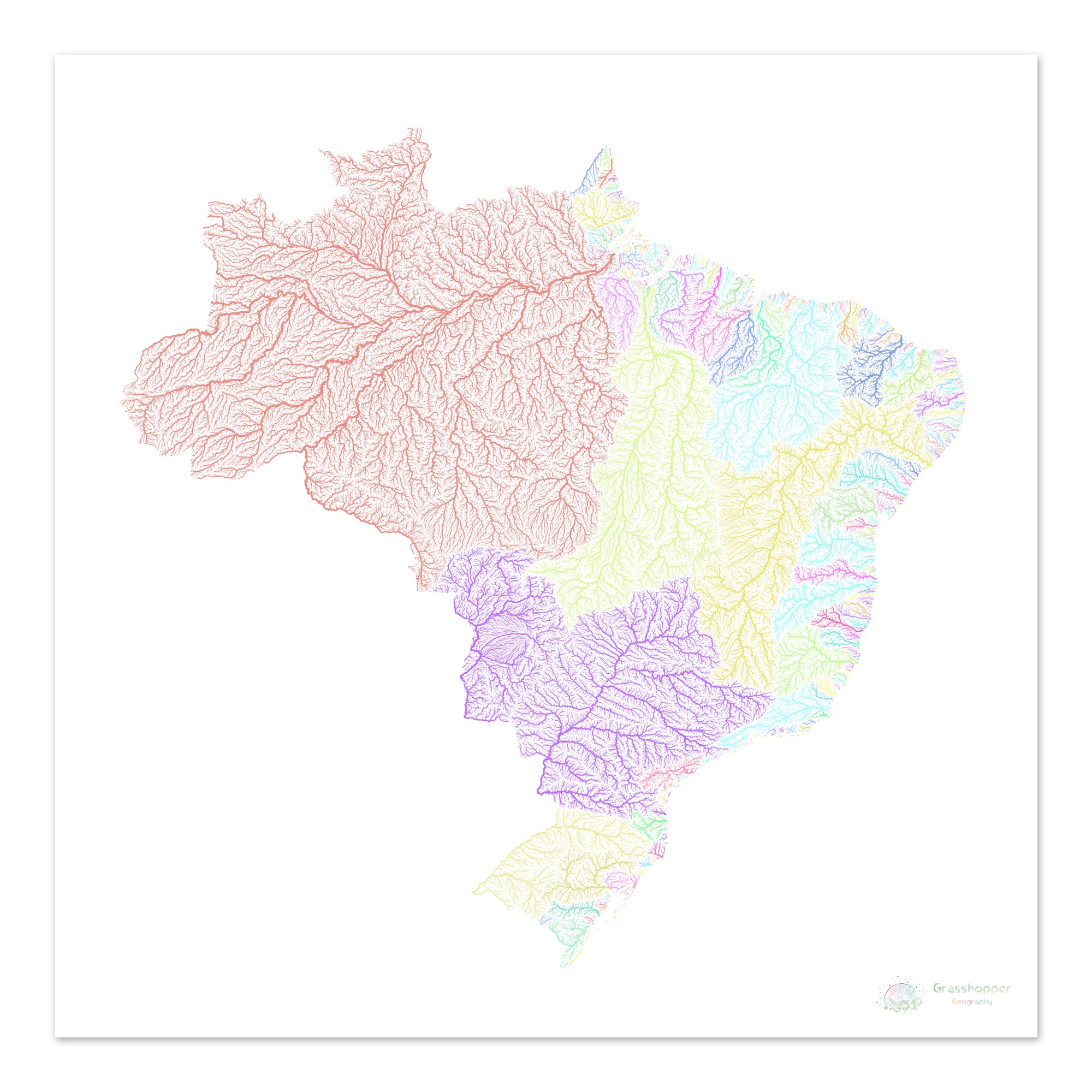 Brazil River Basin Map Pastel On White Fine Art Print