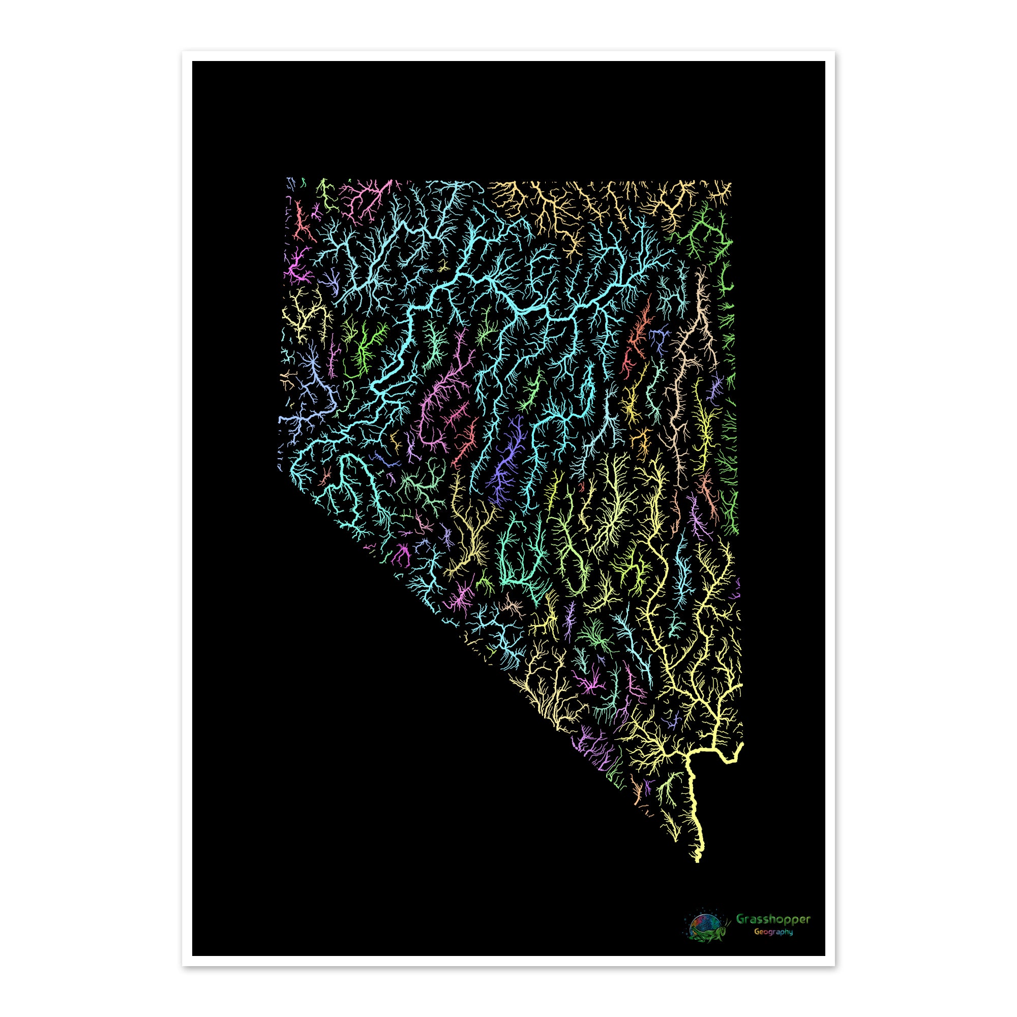 Nevada River Basin Map Pastel On Black Fine Art Print