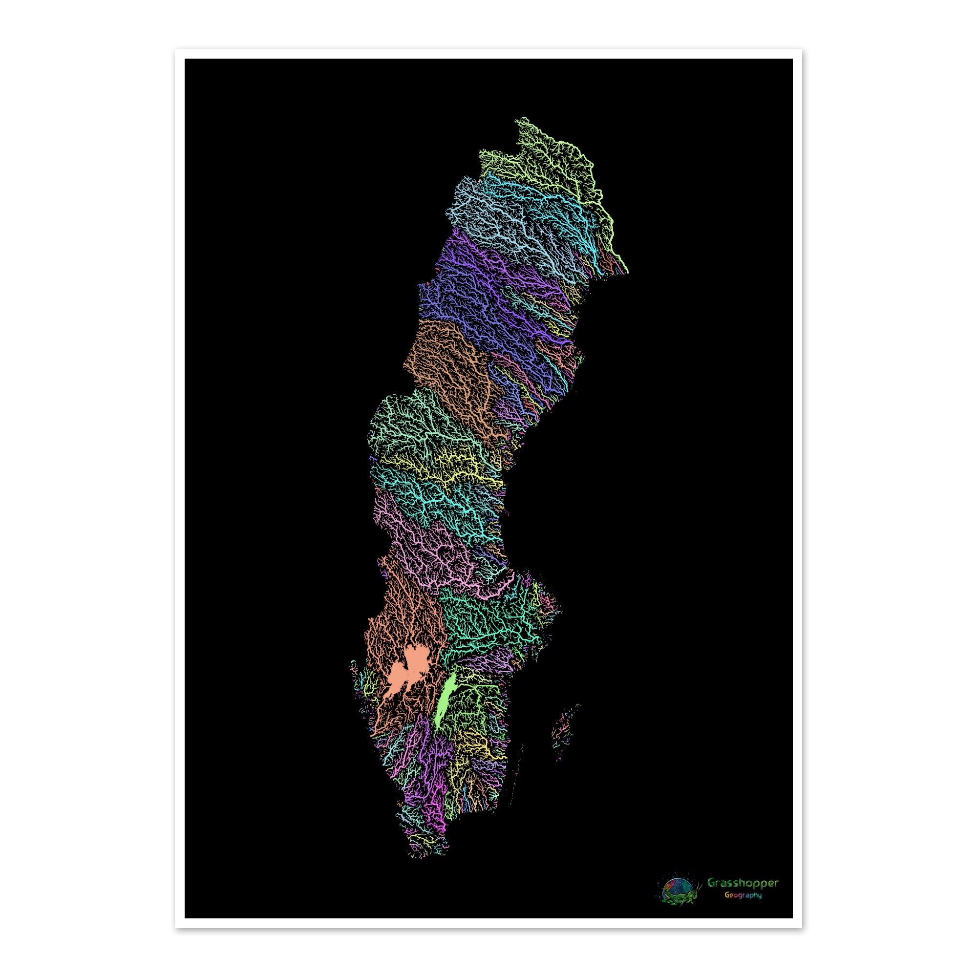 Sweden River Basin Map Pastel On Black Fine Art Print