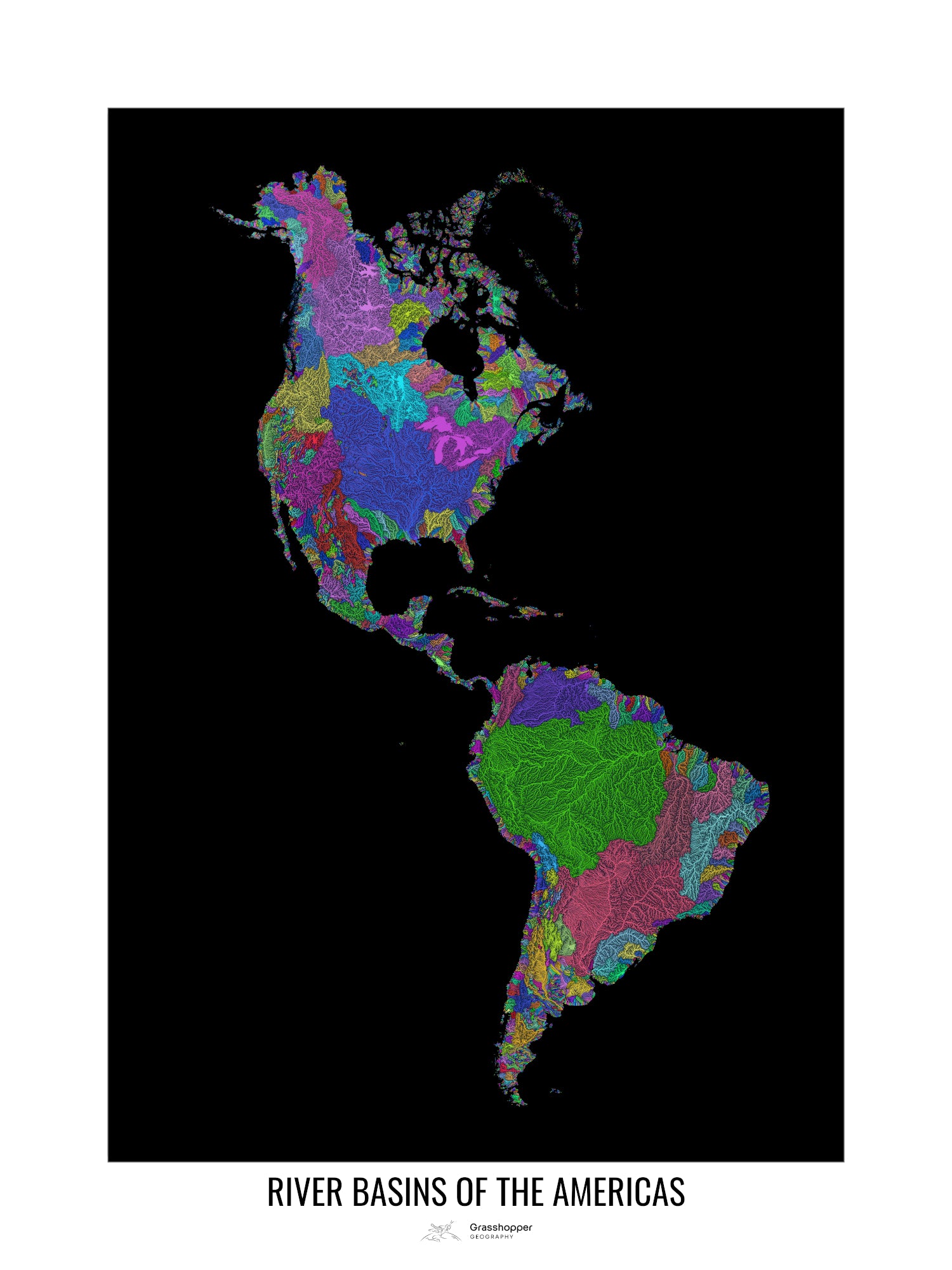 CUSTOM The Americas - River basin map, rainbow colours - Wall Art ...