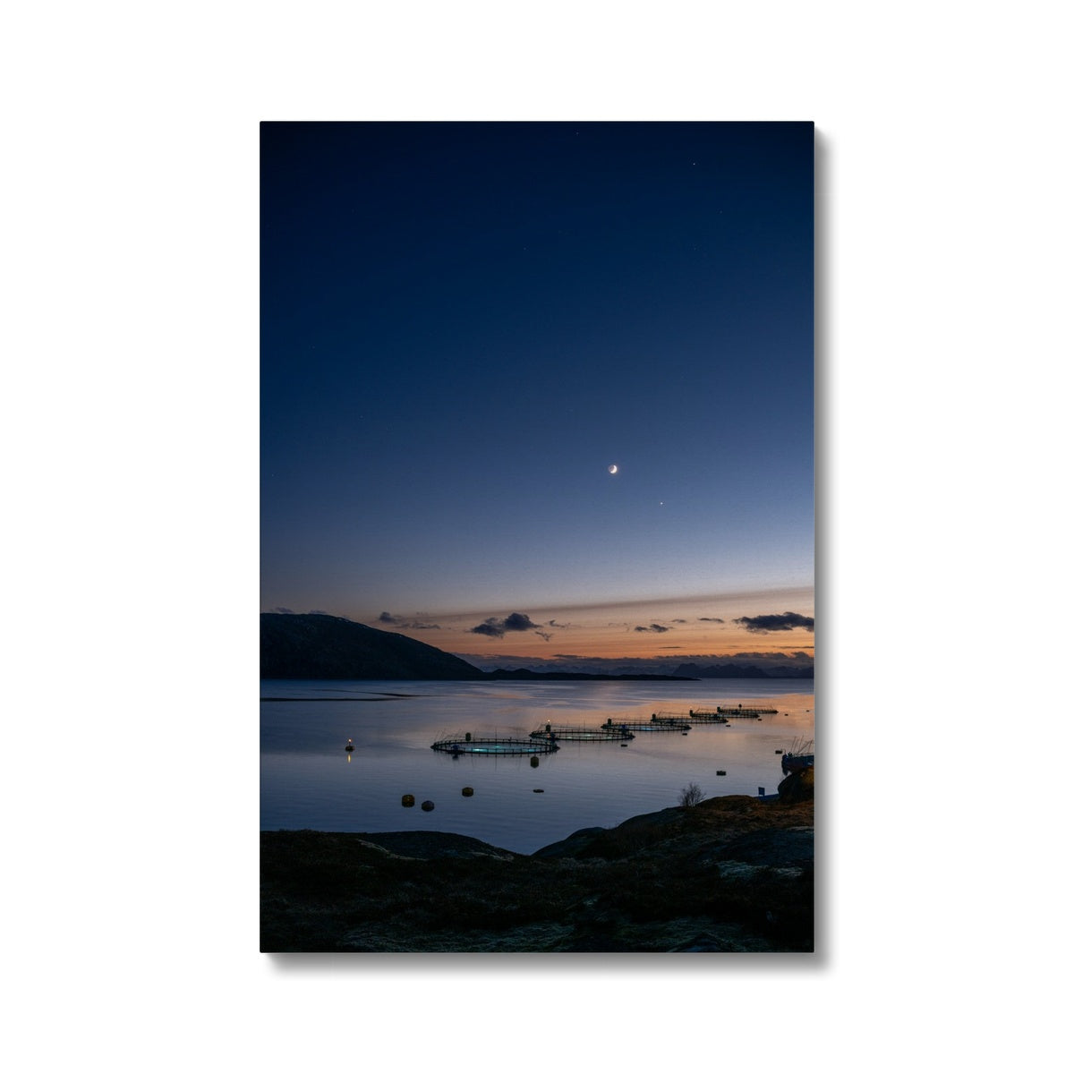 Sunset over the fish pens with a crescent moon I - Canvas – Grasshopper ...
