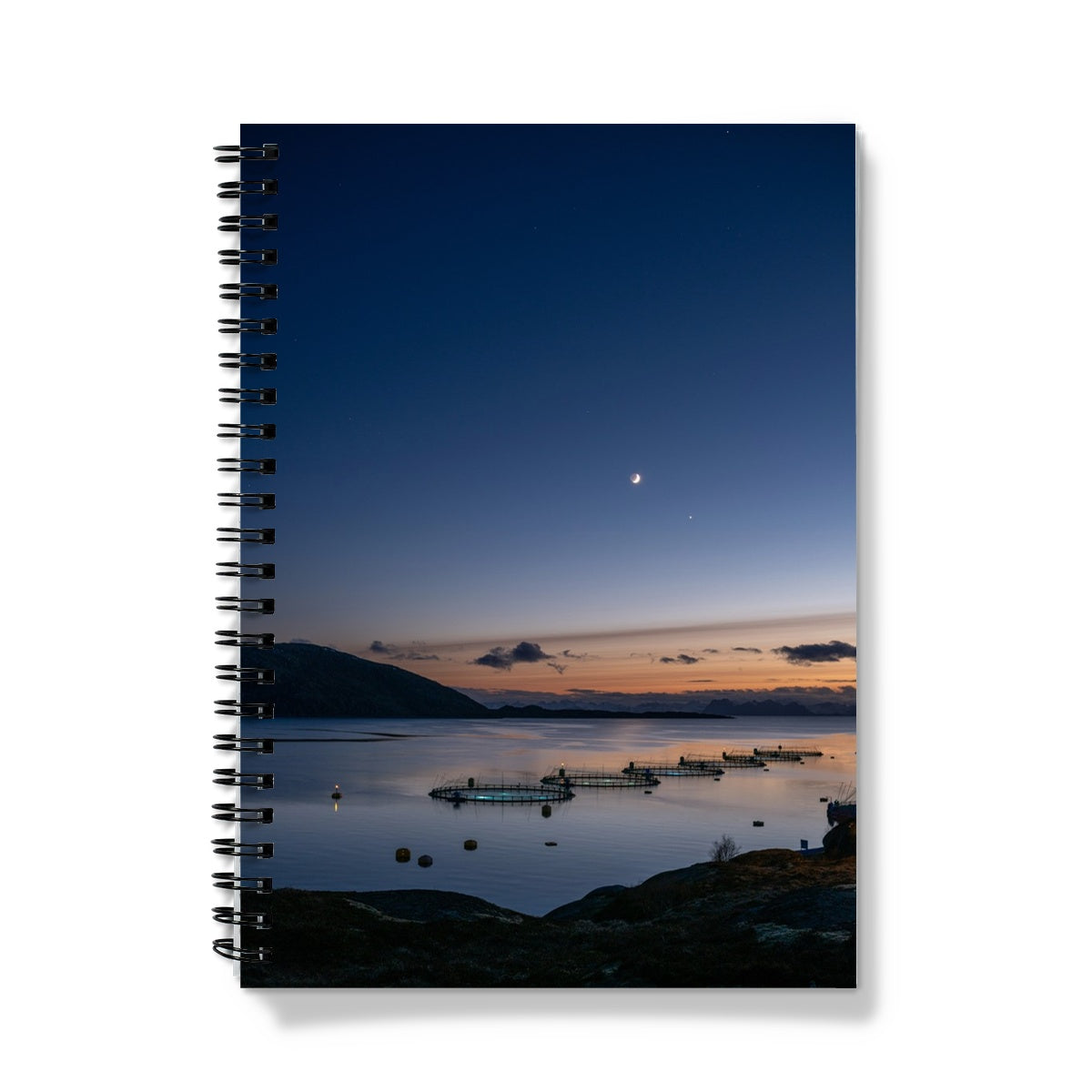 Sunset over the fish pens with a crescent moon I - Notebook ...