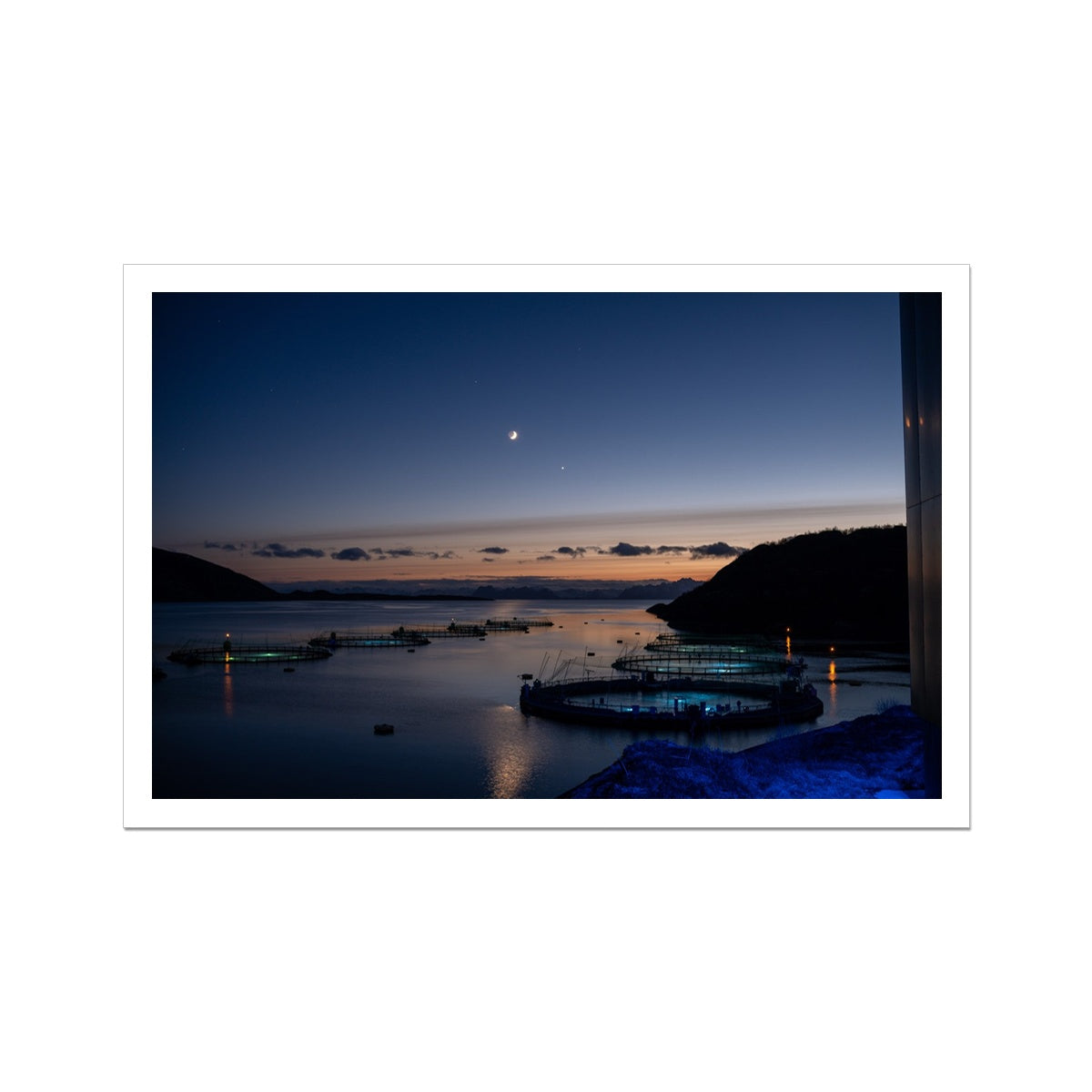 Sunset over the fish pens with a crescent moon II - Rolled Canvas ...