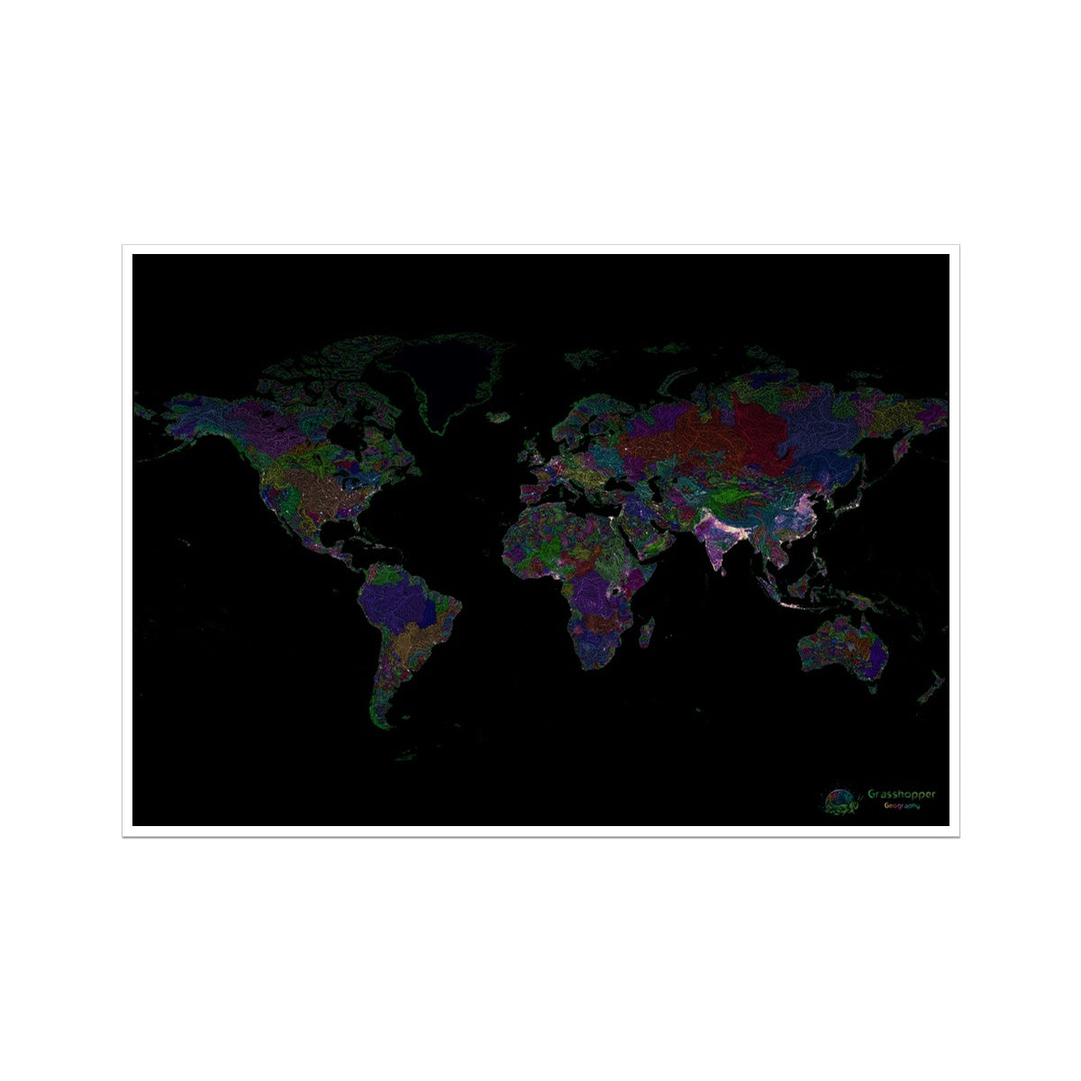 Custom river basin and population density map of the world Fine Art Pr ...