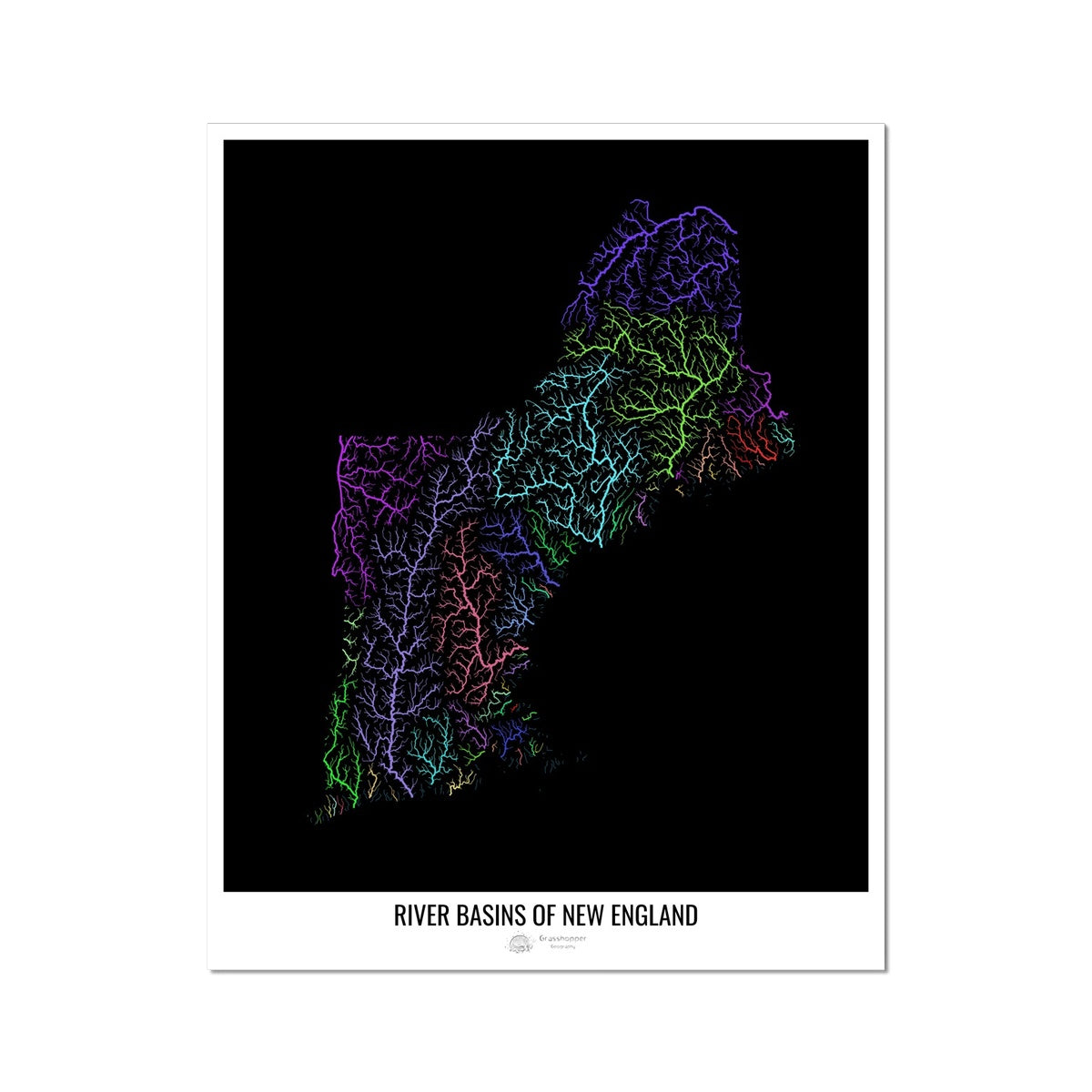 CUSTOM New England river basin map Fine Art Print – Grasshopper Geography