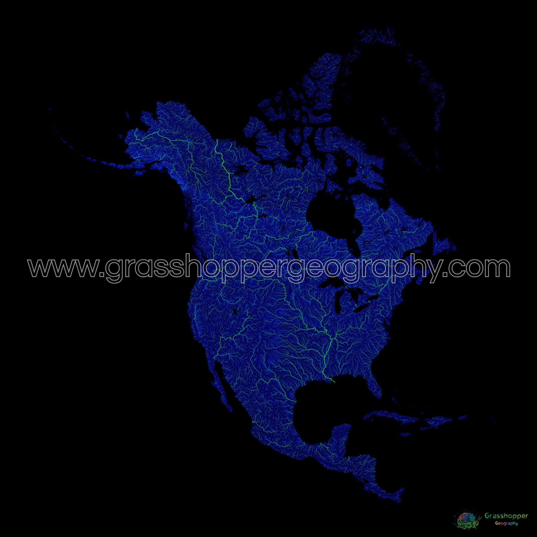 North America - Blue and green river map on black - Fine Art Print – Grasshopper Geography