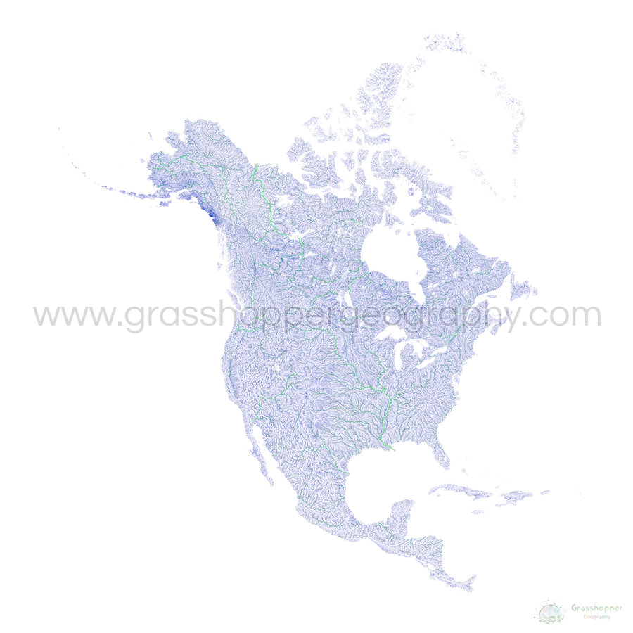 North America - Blue and green river map on white - Fine Art Print ...