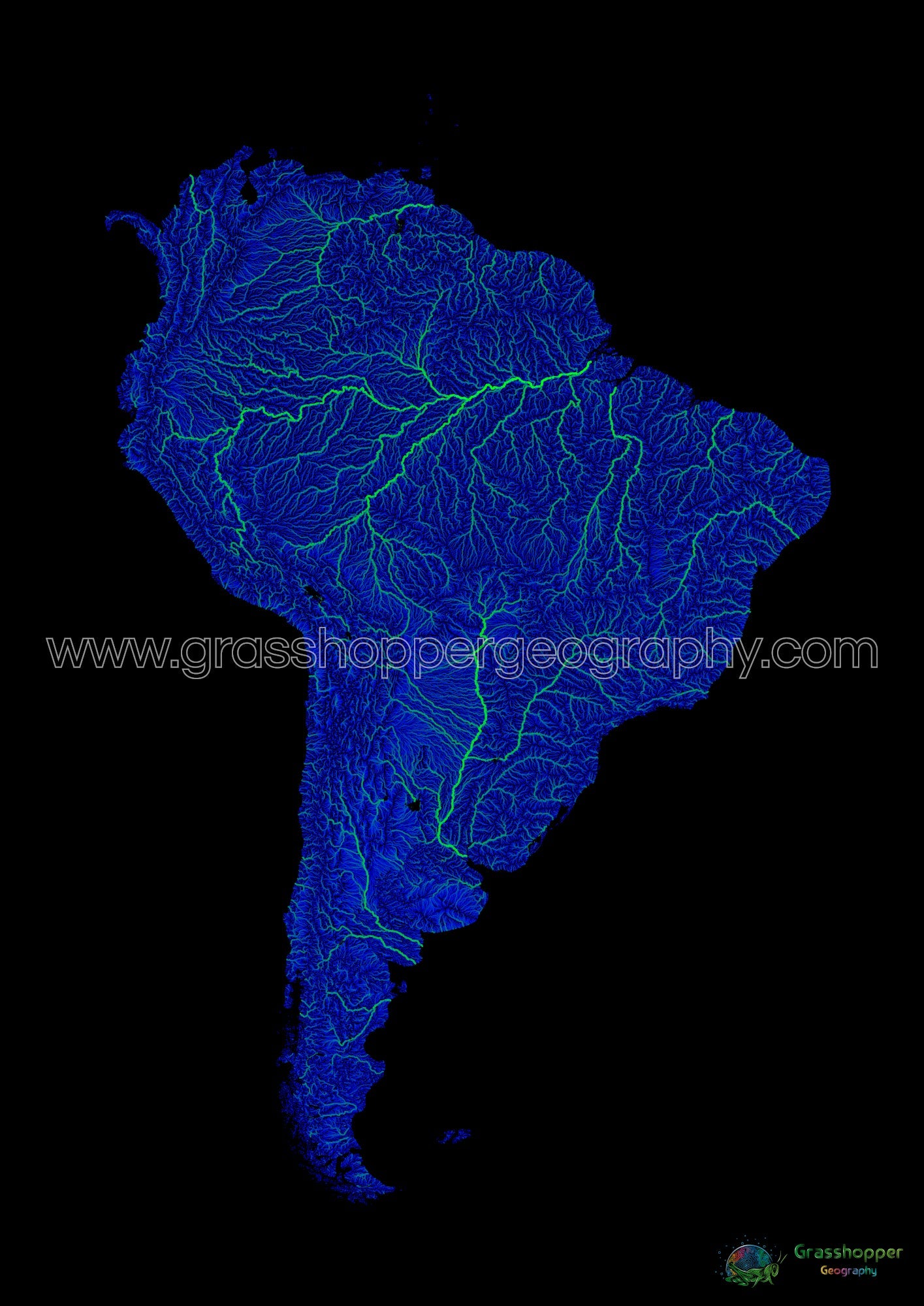 South America - Blue and green river map on black - Fine Art Print ...
