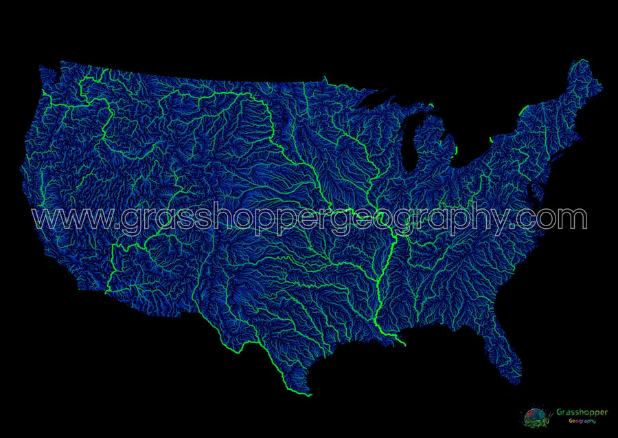 The United States - Blue and green river map on black - Fine Art Print ...