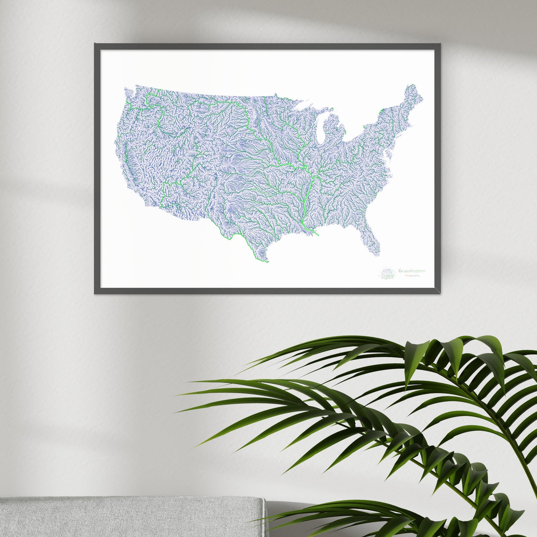 The United States - Blue and green river map on white - Fine Art Print ...