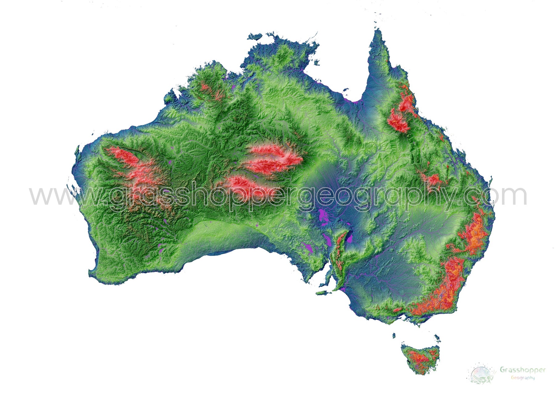 Australia - Elevation map, white - Fine Art Print – Grasshopper Geography