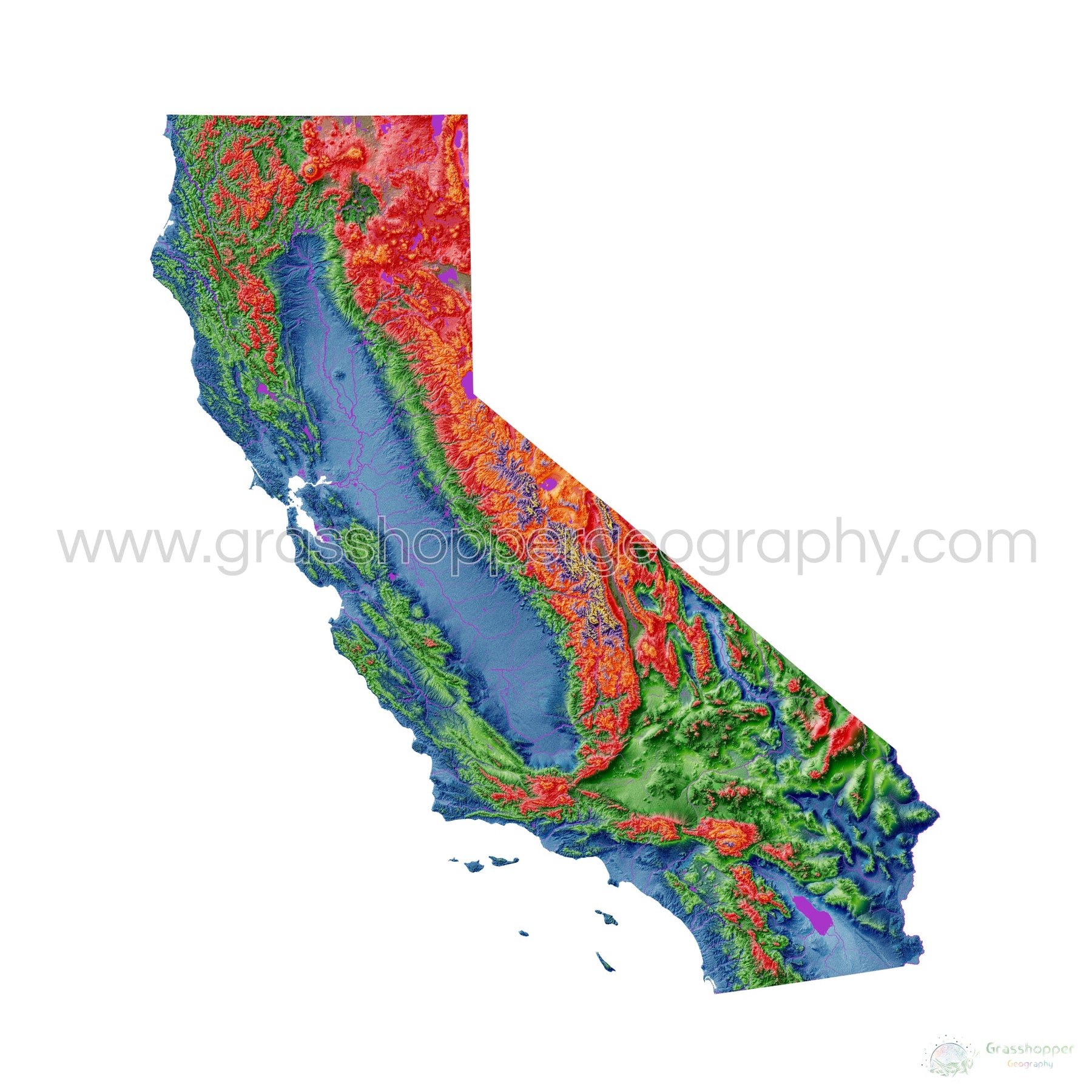 California - Elevation map, white - Fine Art Print – Grasshopper Geography