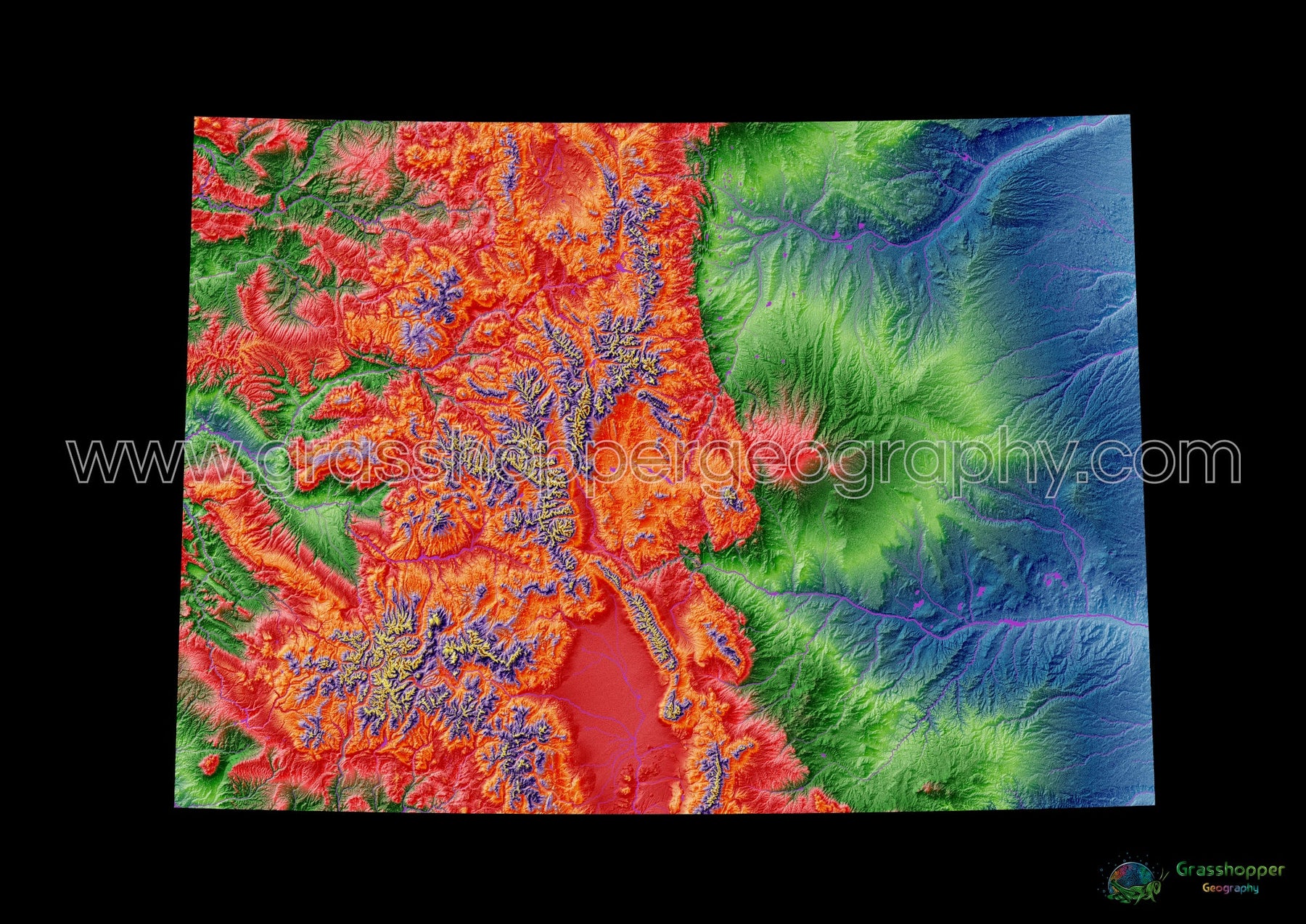 Elevation map of Colorado with black background - Fine Art Print ...
