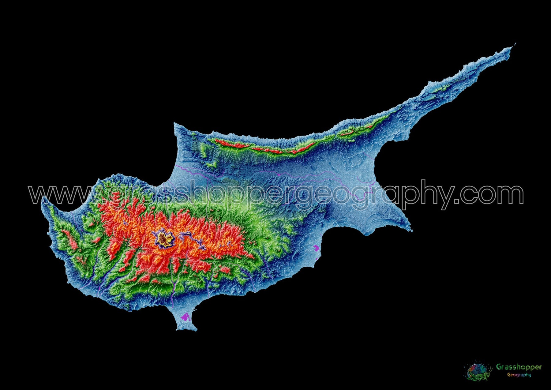 Cyprus - Elevation map, black - Fine Art Print – Grasshopper Geography