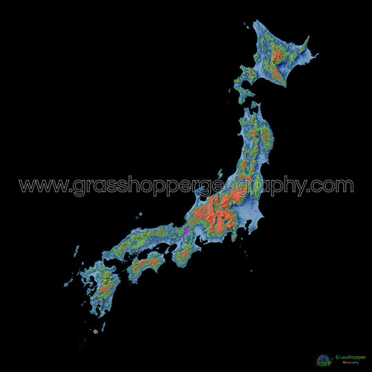 Japan - Elevation map, black - Fine Art Print – Grasshopper Geography