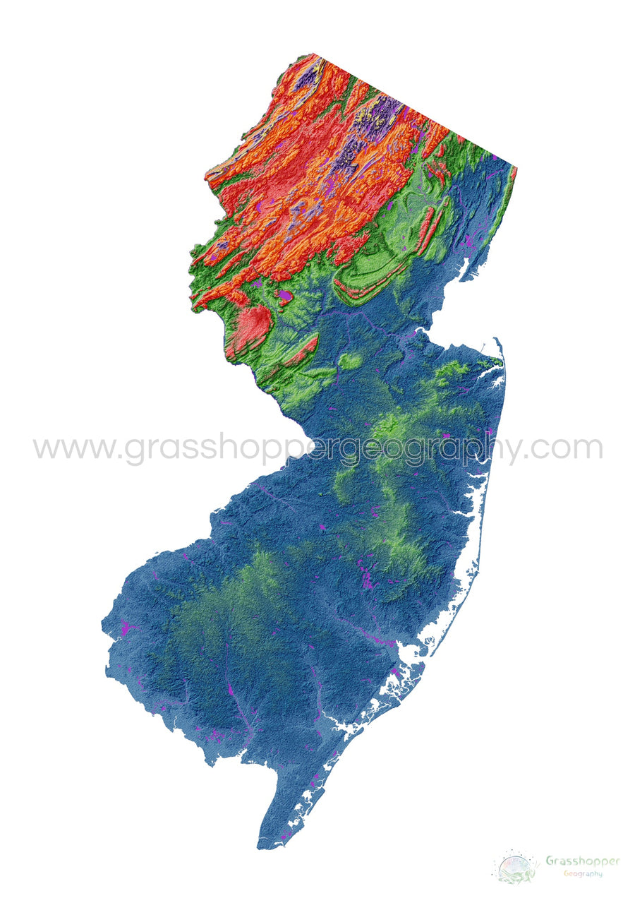 New Jersey - Elevation map, white - Fine Art Print – Grasshopper Geography