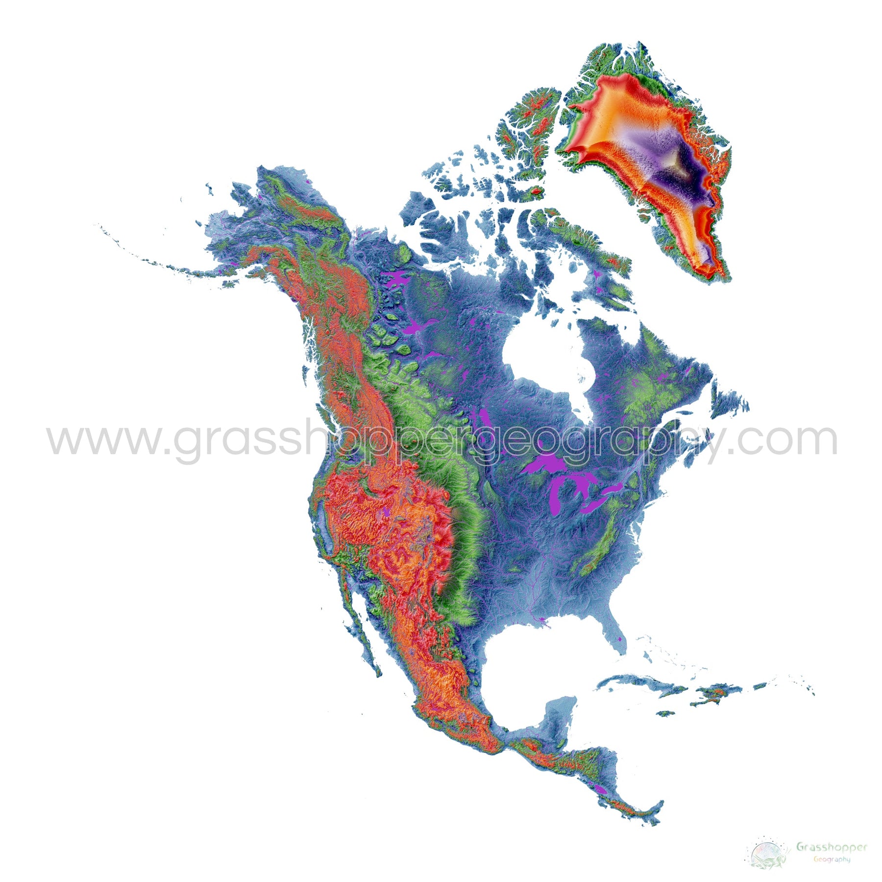 North America - Elevation map, white - Fine Art Print – Grasshopper ...