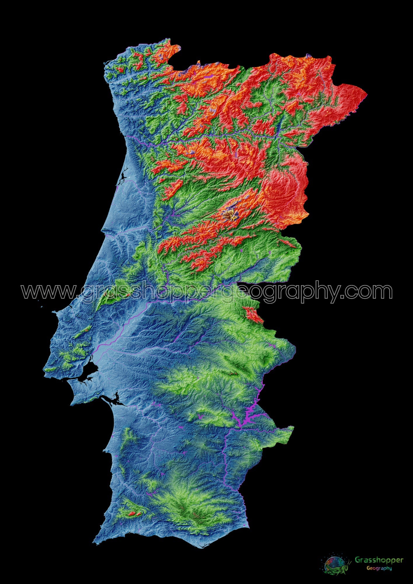 Portugal - Elevation map, black - Fine Art Print – Grasshopper Geography