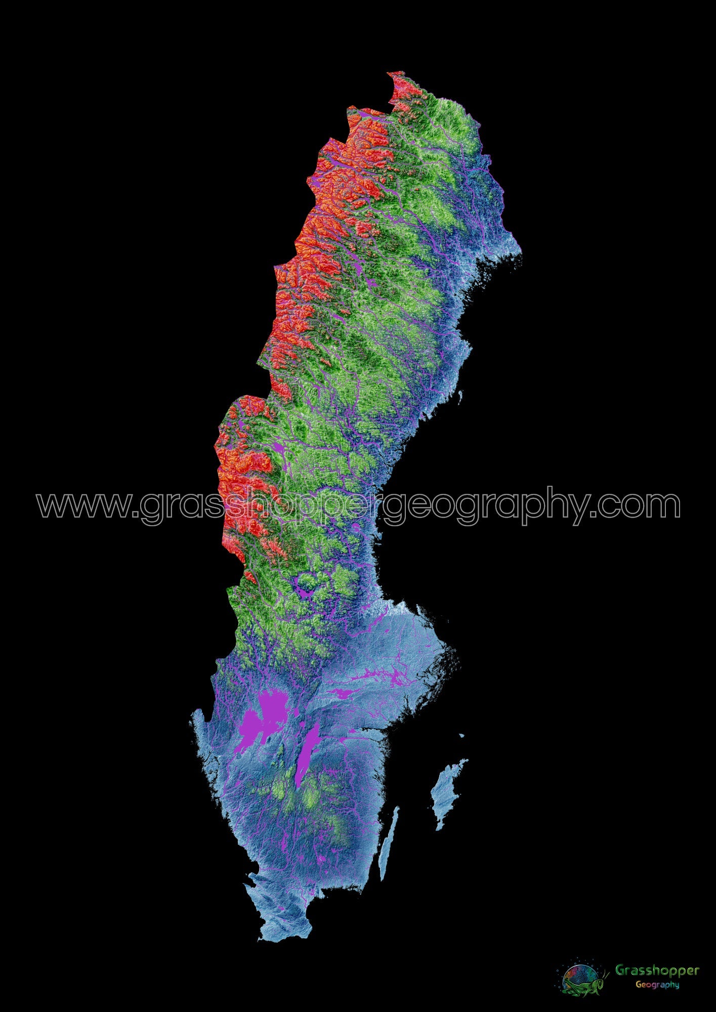 Sweden - Elevation map, black - Fine Art Print – Grasshopper Geography