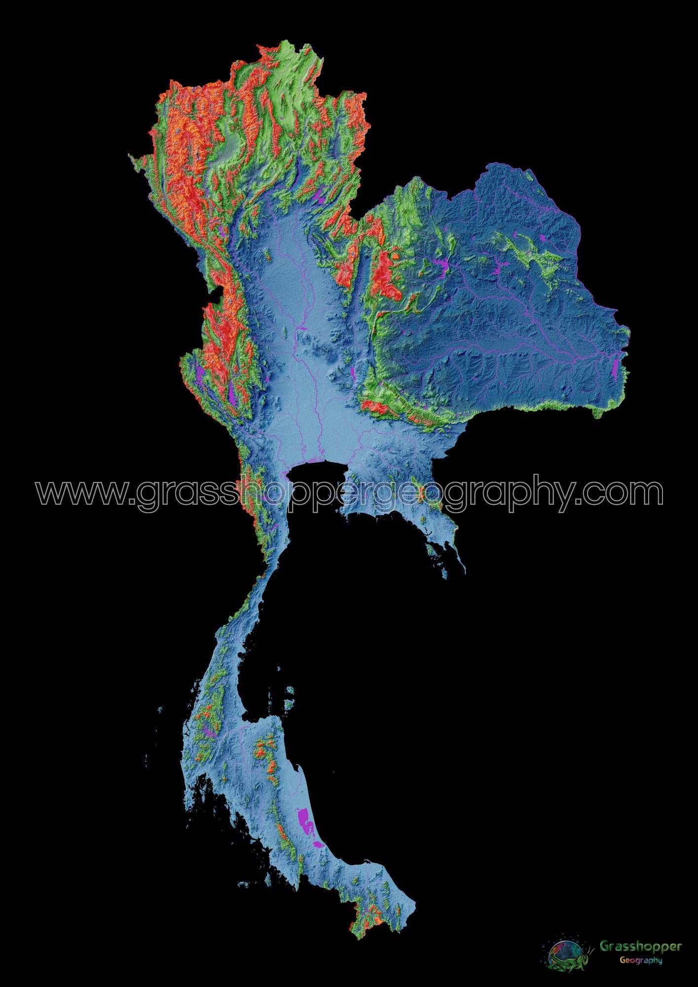 Thailand - Elevation map, black - Fine Art Print – Grasshopper Geography
