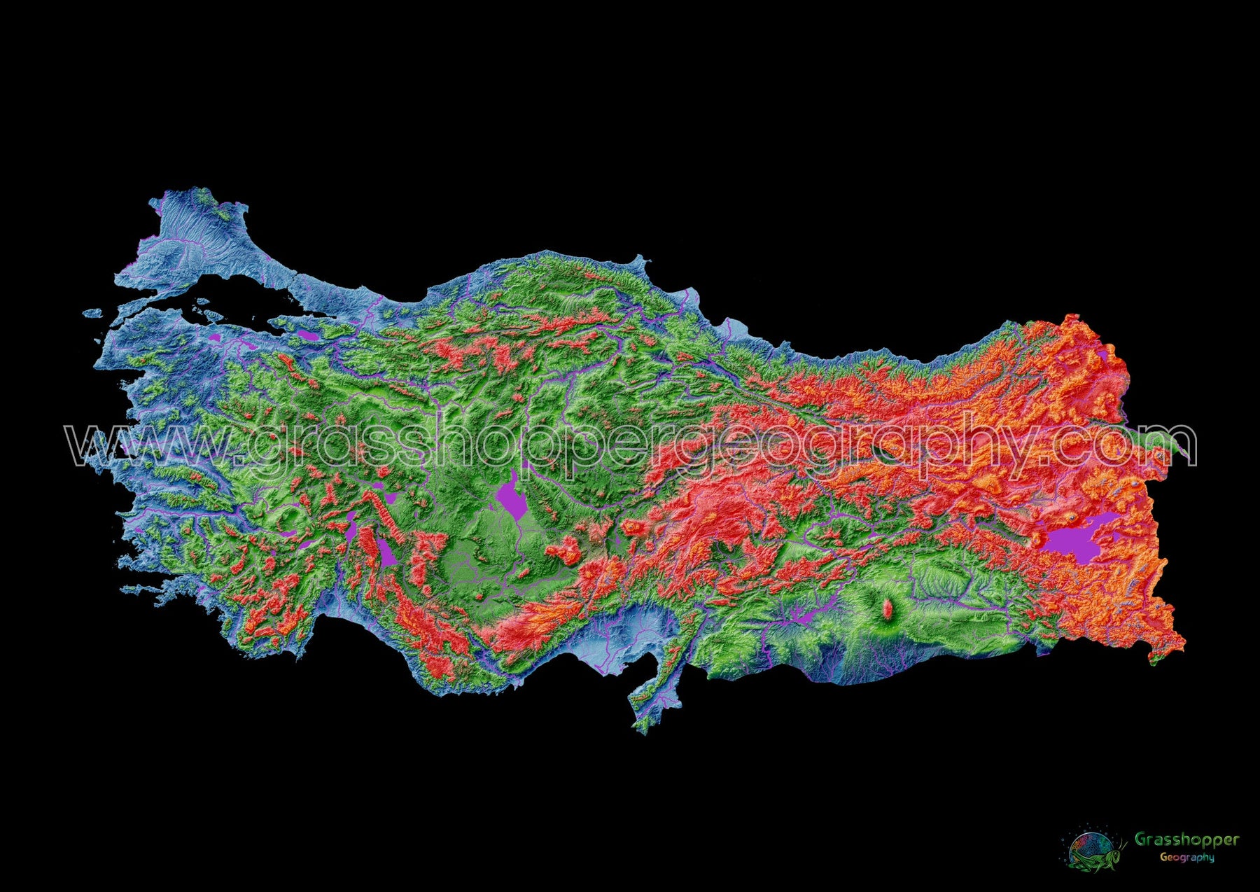 Turkey - Elevation map, black - Fine Art Print – Grasshopper Geography
