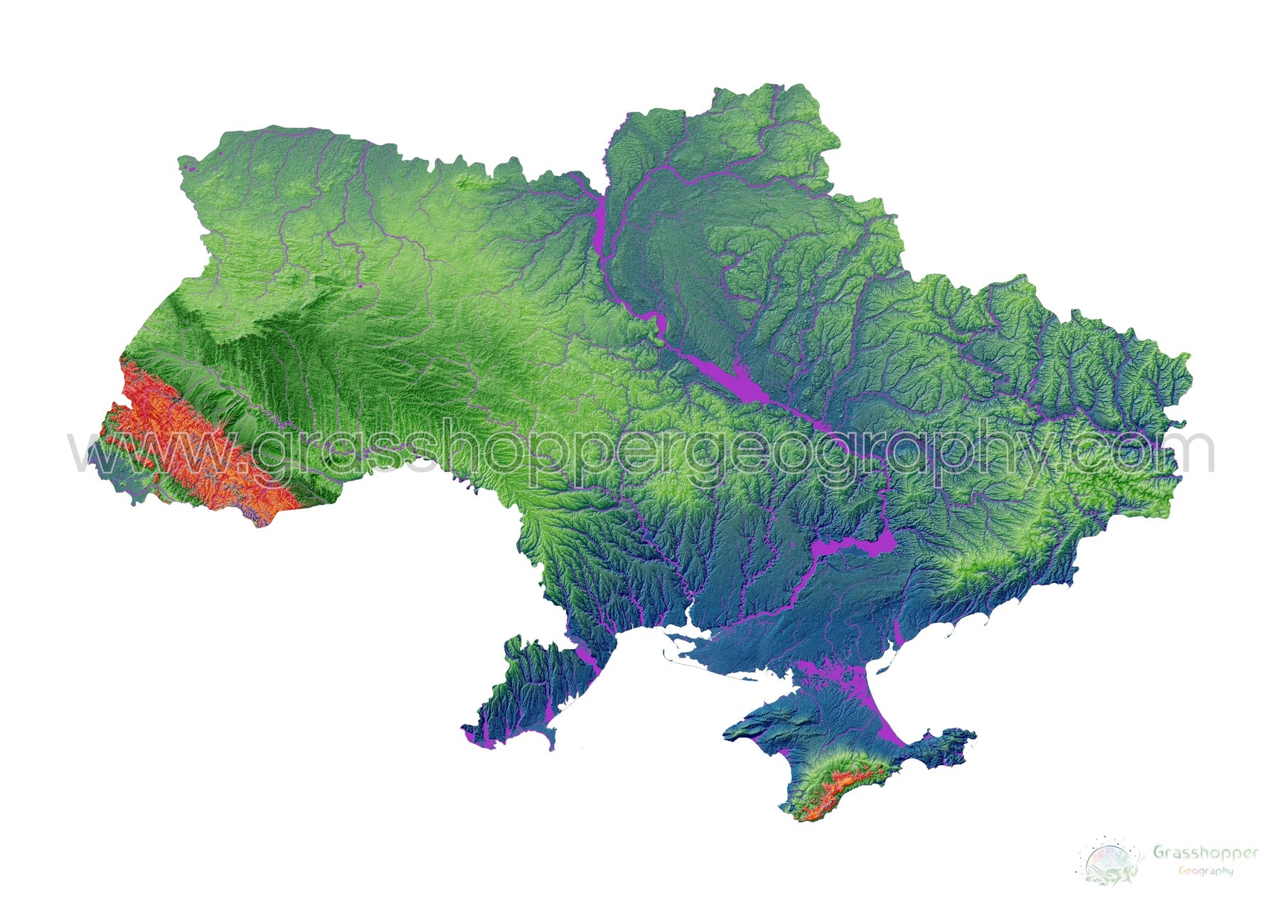 Ukraine - Elevation map, white - Fine Art Print – Grasshopper Geography