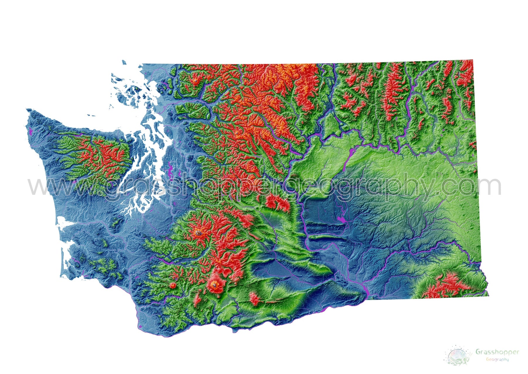 Washington - Elevation map, white - Fine Art Print – Grasshopper Geography